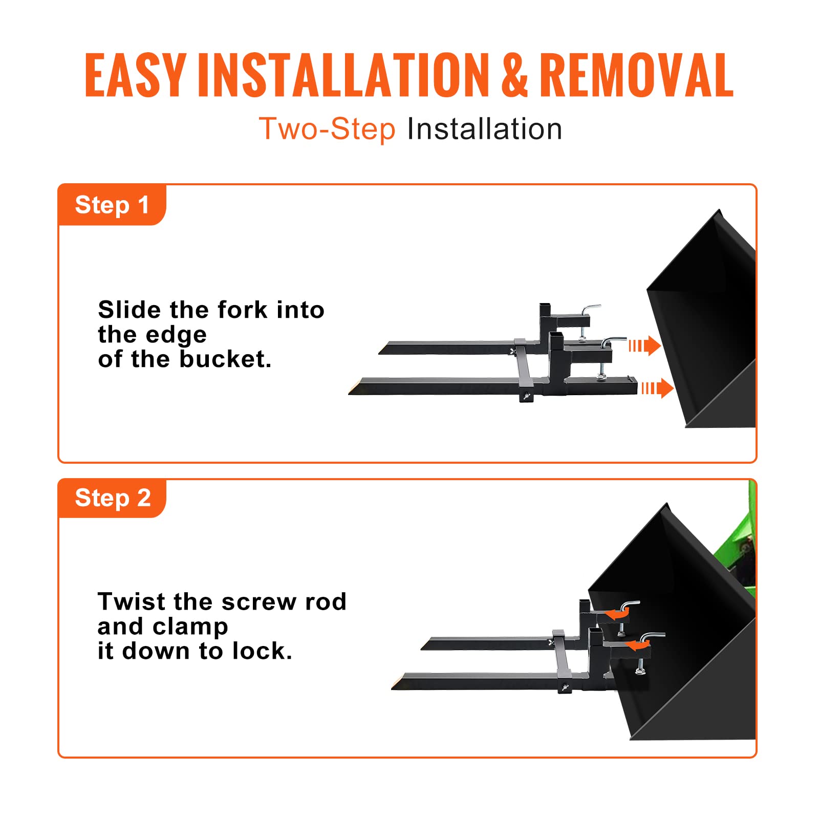 VEVOR Pallet Forks, 2000 Lbs Clamp on Pallet Forks 43" Total Length, Tractor Bucket Forks with Adjustable Stabilizer Bar, Heavy Duty Pallet Forks for Tractor Attachments, Skid Steer, Loader Bucket