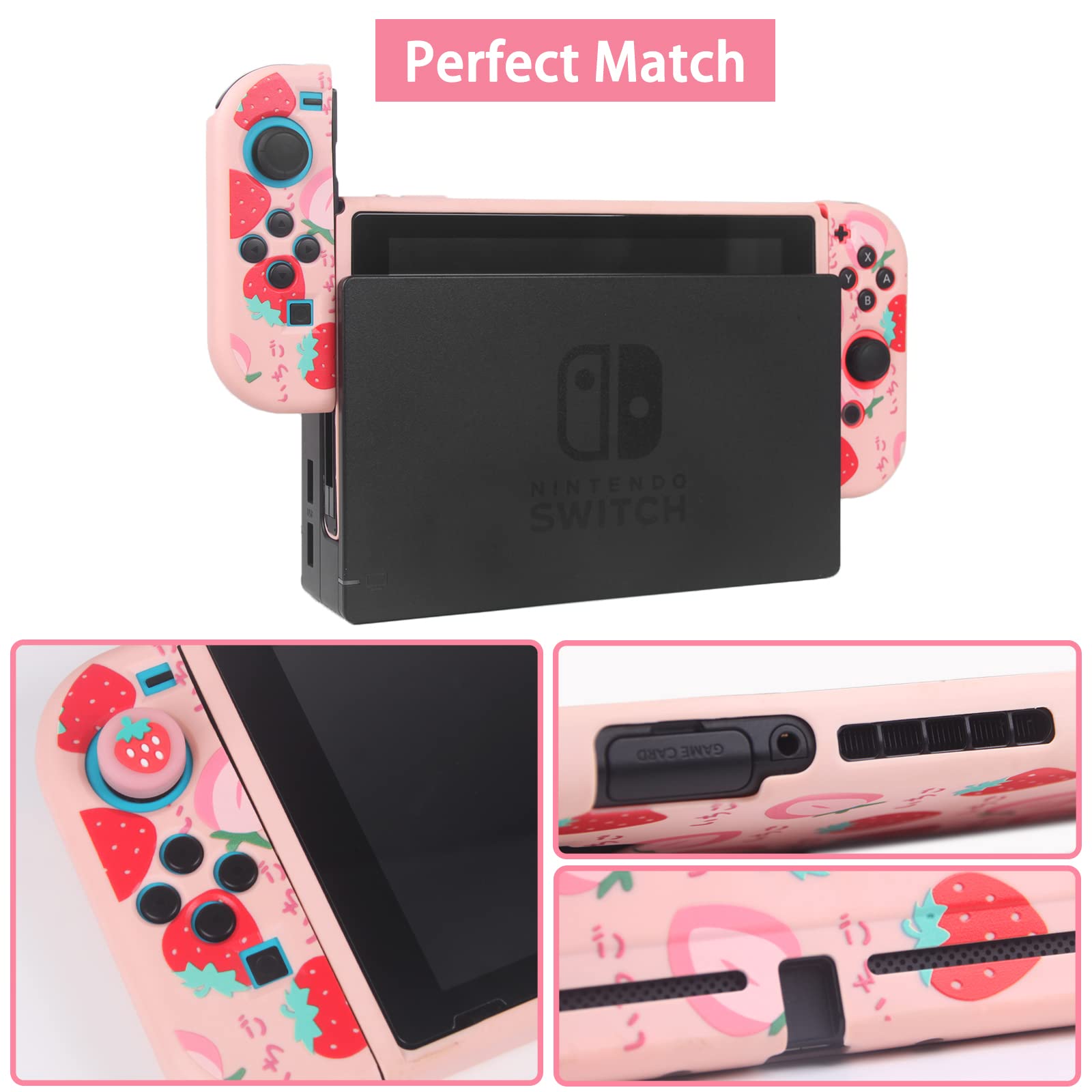 TIKOdirect Carrying Case for Nintendo Switch, Cute Portable Travel Case 8 in 1 Accessories with Protective Case, Screen Protectors, Stand, Game Card Case and Thumb grip caps, Strawberry