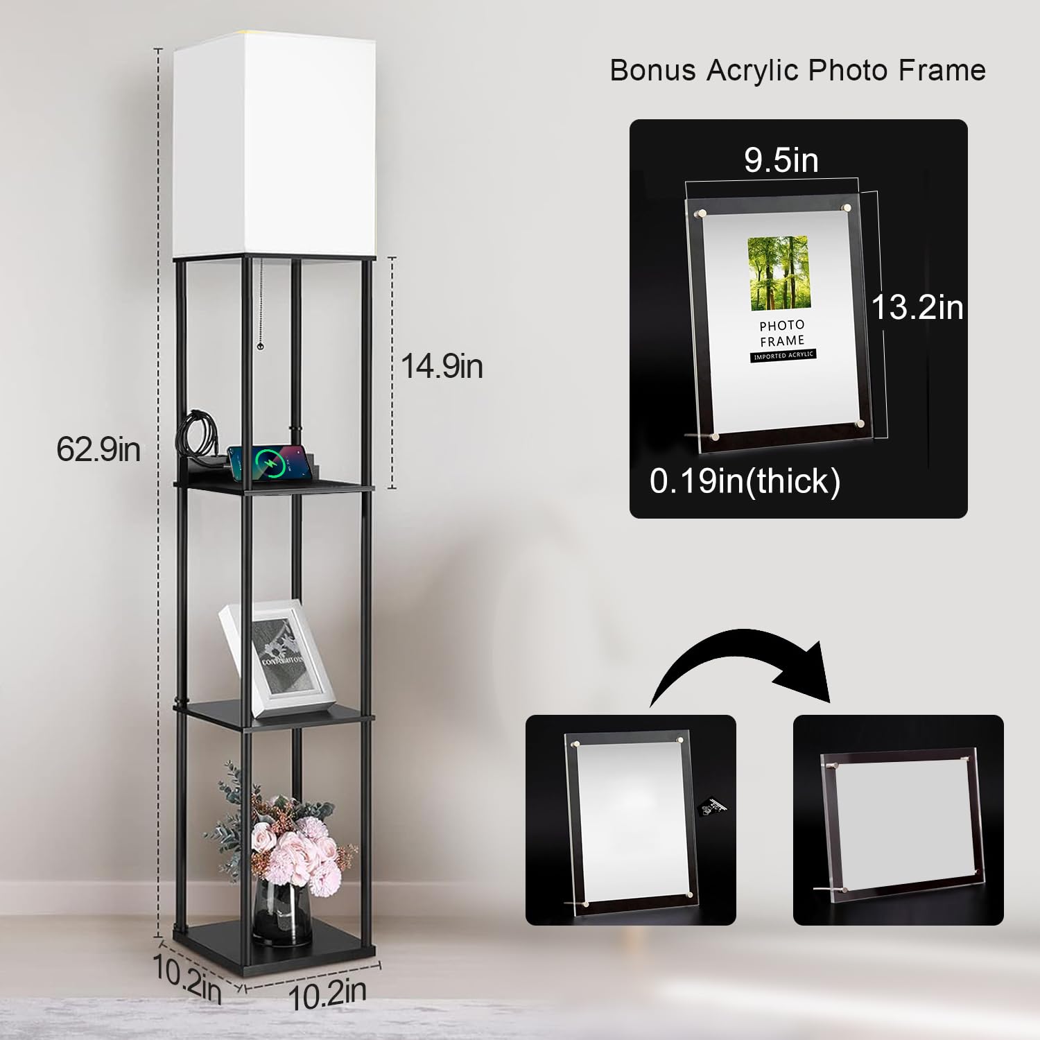 NUNET Smart LED Floor Lamp with Shelves 3 Color Temperature Light & Dimmable App Controlled Wi-Fi Bulb w. 3 Level Shelves & Cellphone/Photo Frame Stand for Bedroom Living Room Corner etc. (Black)