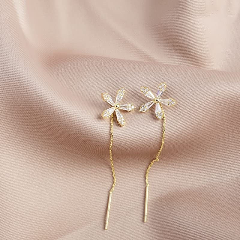 QIEU Shiny Diamond Flower Earrings,Crystal Flowers Tassel Chain Dangle Drop Earrings,Cute Simple Threader Long Chain Statement Studs Earring Jewelry for Women Girls (Sliver)