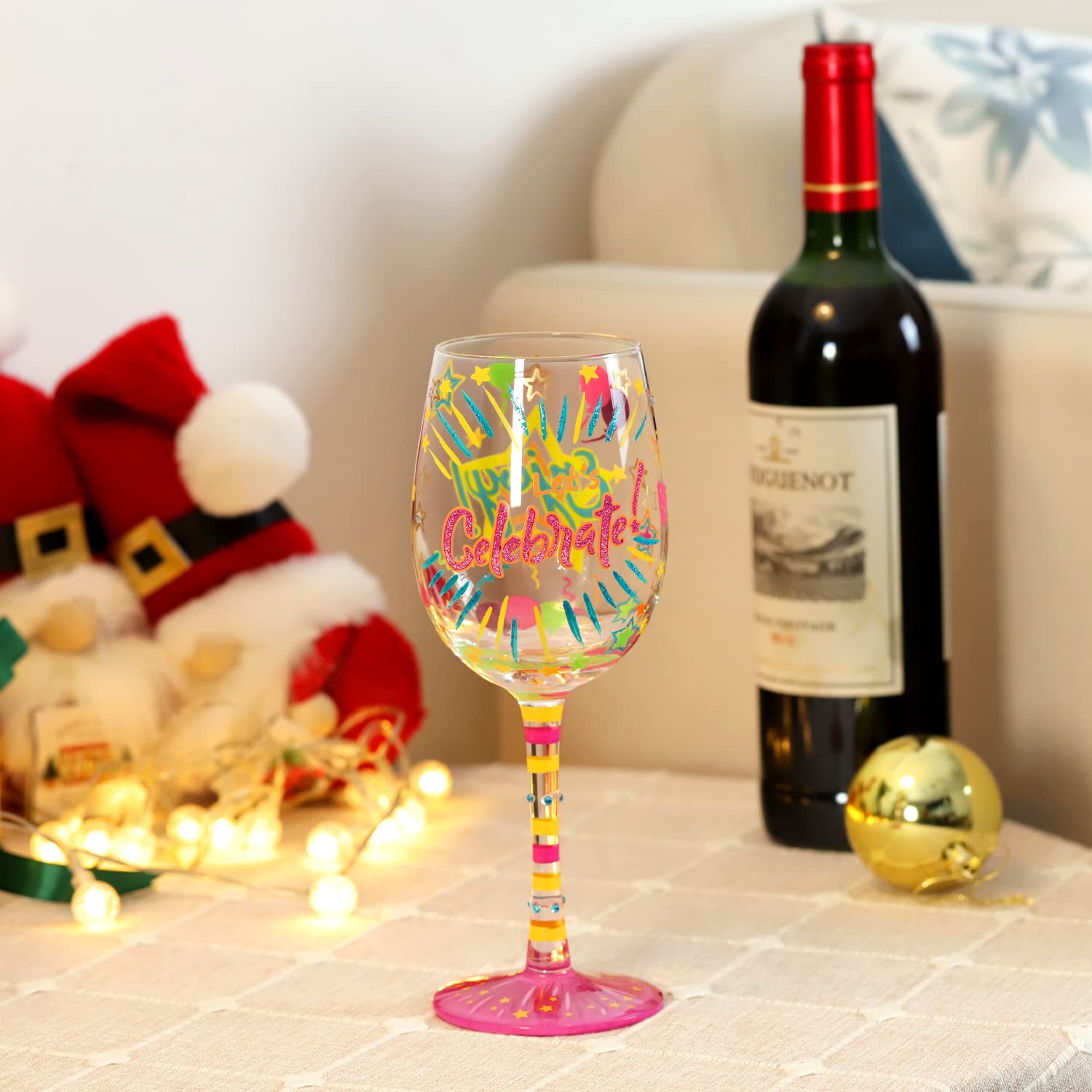 NymphFable Hand Painted Birthday Wine Glass Let‘s Celebrate Birthday Party Decorative Wine Glasses Birthday Gift for Women, 15oz