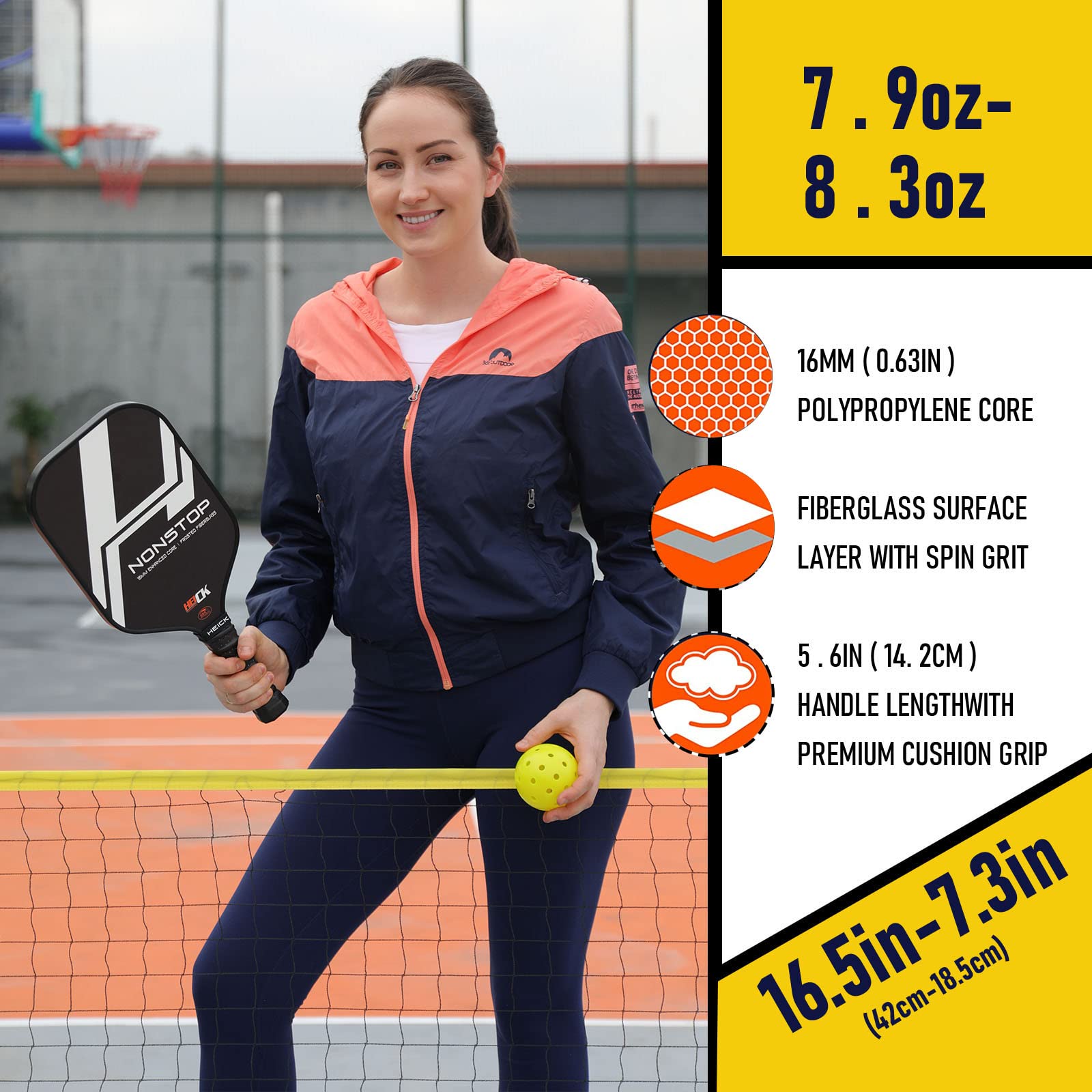 Pickleball Paddle, Spin Grit, USAPA Approved, Fiberglass Face,16MM Thick Honeycomb Polymer Core,5.6 inch Long Handle-HEICK Nonstop