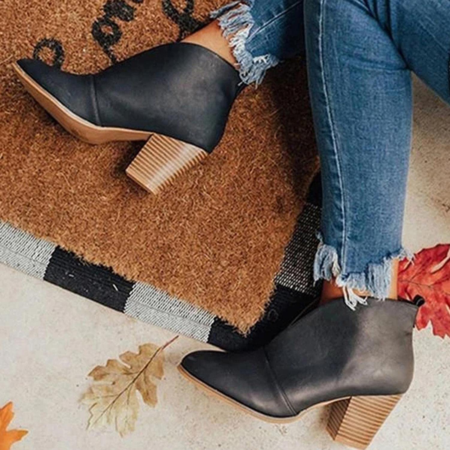 NOLDARES Boots for Women Low Heel V Cutout Ankle Boots Leather Winter Warm Stacked Chunky Heel Short Booties, Black, 7.5