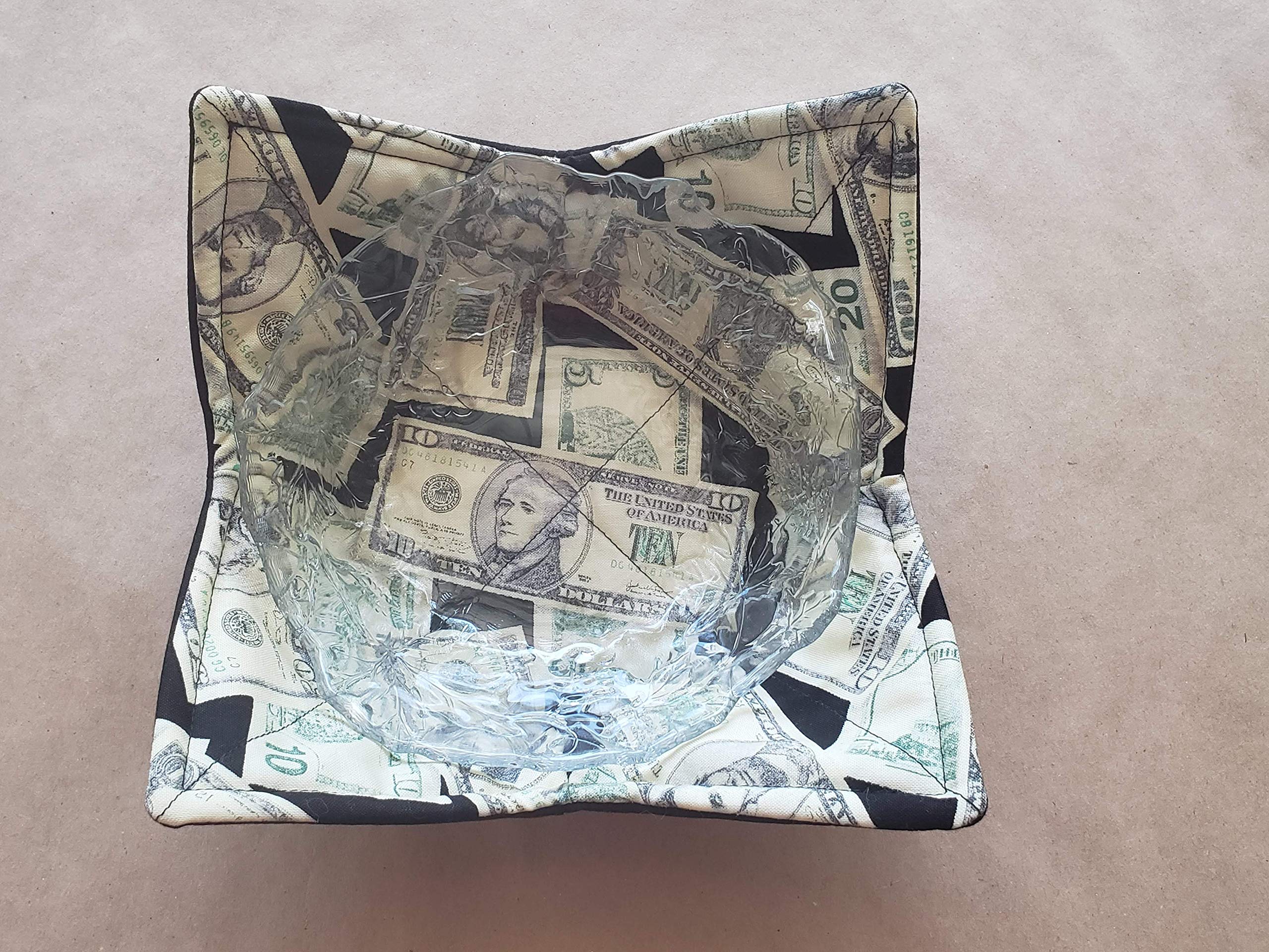 Money Microwave Bowl Cozy Cash Reversible Microwaveable Soup Potholder Bowl Buddy Dollar Bills Kitchen Linens Finance Econ Teacher Gifts Handmade Housewarming Hostess Gift Under 10