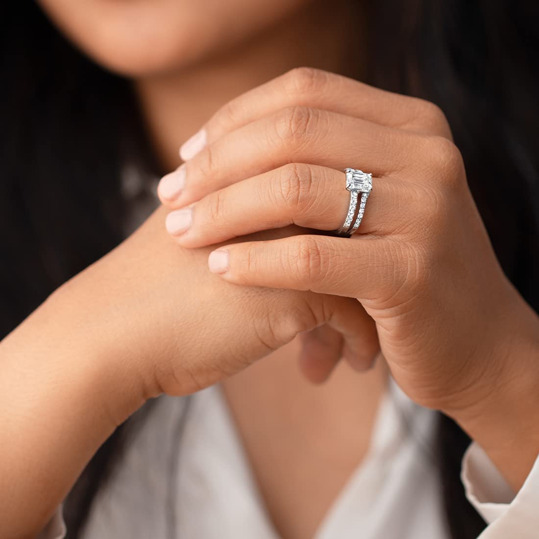 PEORA Moissanite Emerald Cut Engagement Ring and Wedding Band Bridal Set in Sterling Silver, 2 Carat Center, DE Color, VVS Clarity, Size 6.5