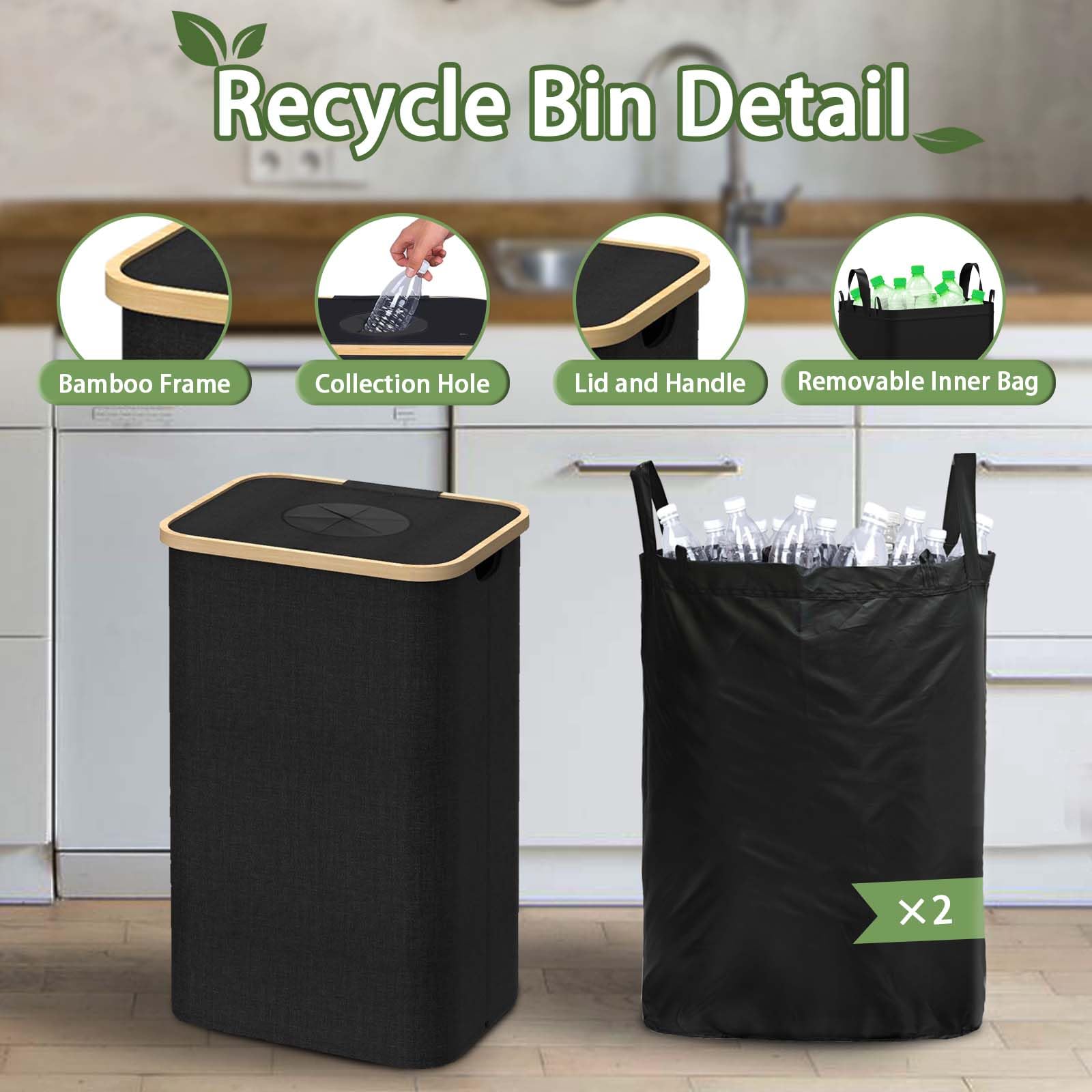 Wyxexx Recycling Bin for Kitchen 26 Gallon,100L Recycle Bins for Kitchen Indoor with 2 Removeable and Reusable Inner Bag, Large Recycling Bin with Lid for Bottle Cans Plastice Stickers Glass