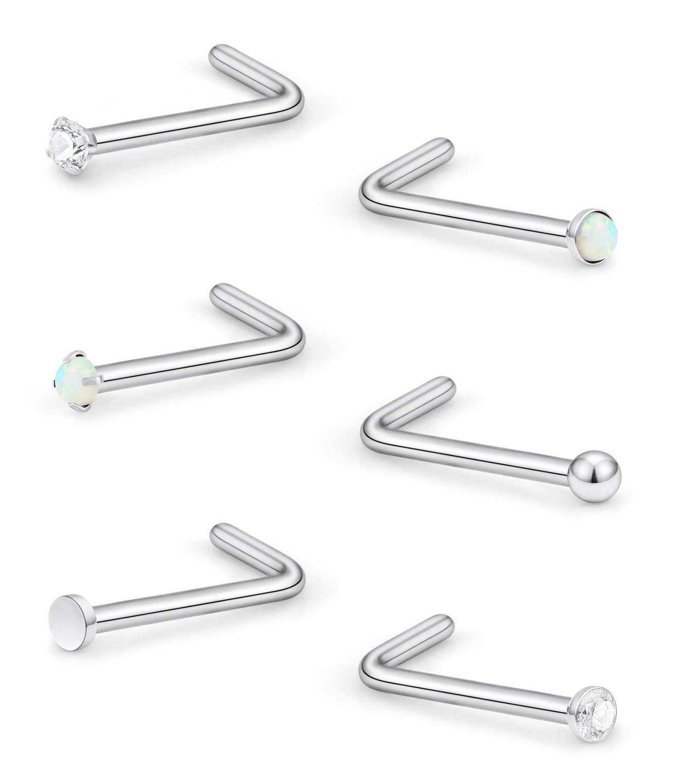 Lcolyoli 22G Stainless Steel Nose Rings L Shaped Stud Piercing Jewelry for Women 1.5mm CZ Opal Ball Inlaid
