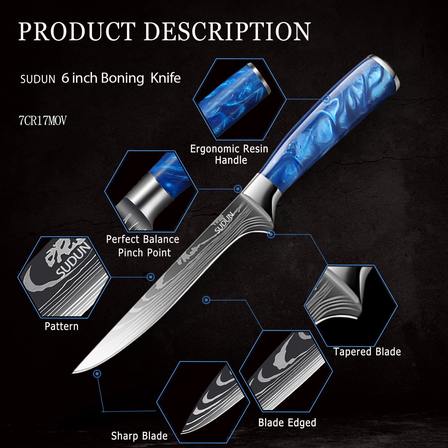 SUDUN Boning Knife 6 Inch, Versatile Deboning Knife,German High Carbon Stainless Steel Kitchen Knives for Meat Fish Poultry Chicken, Ergonomic Resin Handle with Gift Box