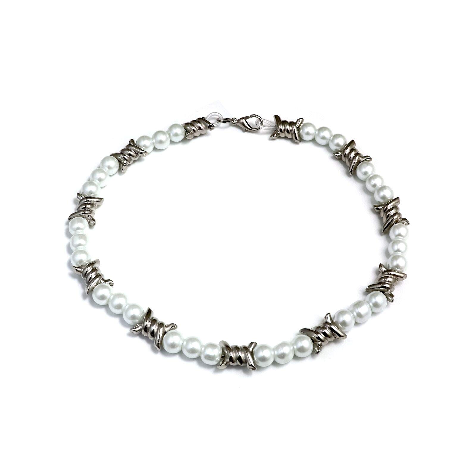 Punk Thorns Necklace Metal Chain Safety Obtuse Padlock Pearl Necklace Hiphop Rock Jewelry for Men-with Pearl