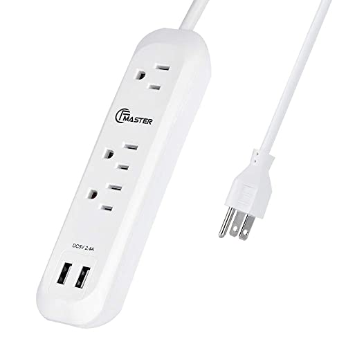 USB Power Strip Surge Protector Long Extension Cord 6 feet, 3 Outlets, 2 USB Ports (2.4A/12W), Overload Protection, Mountable Power Strip for Home Office, 1250W/10A, SGS Listed, White