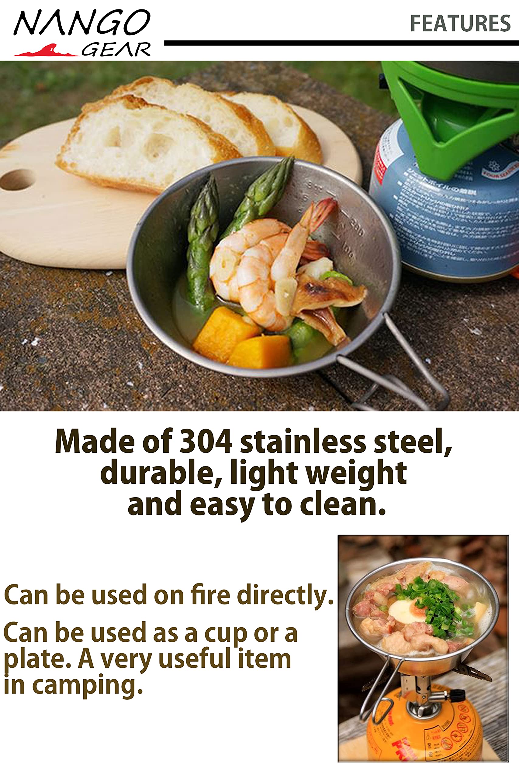 NANGOGEAR Camping Sierra Cup 310ml 2pcs Set Food Grade Stainless Steel Dishwasher Safe (21110)