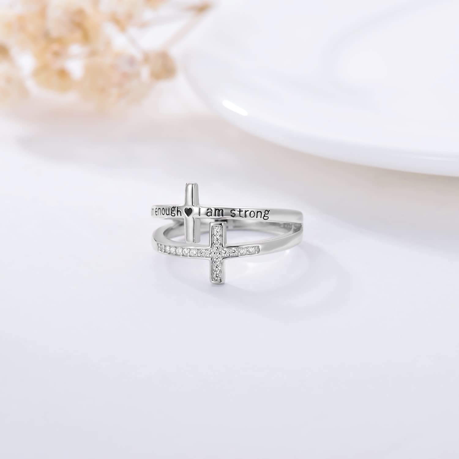 LONAGO 925 Sterling Silver I am Enough Cross Ring I am Strong Ring Inspirational Religious Crucifix Encouragement Statement Jewelry Gift for Women (6)