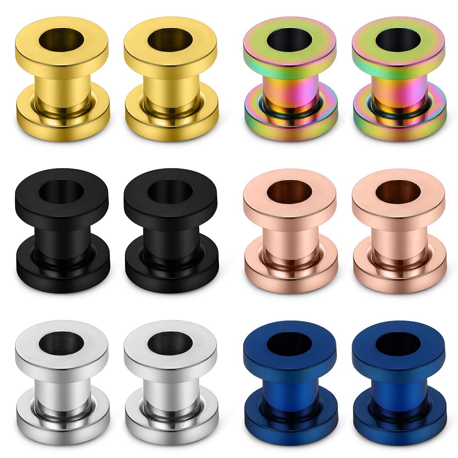 Lcolyoli Screw Fit Ear Gauges Kit Surgical Steel Tunnel Expander Earrings Earlobe Plugs Body Piercing Jewelry for Women Men 12 Pieces Set 2G Silver Rose Gold Black Blue Rainbow