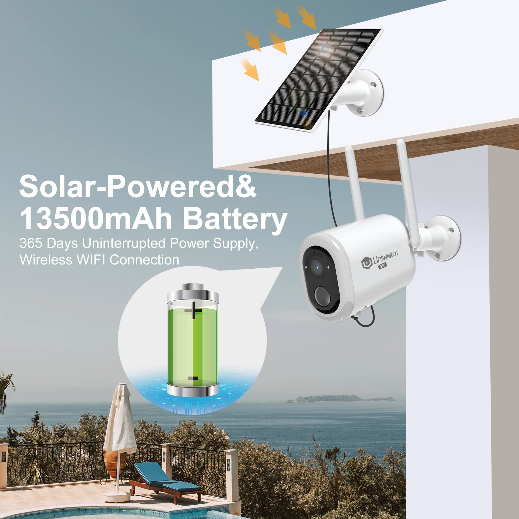 uniwatch 3MP Solar Security Cameras Wireless Outdoor for Home Security, Two Spotlights, 2K Color Night Vision Battery Powered Camera with 2.4GHz WiFi, PIR, Two-Way Talk, IP66, Cloud/SD