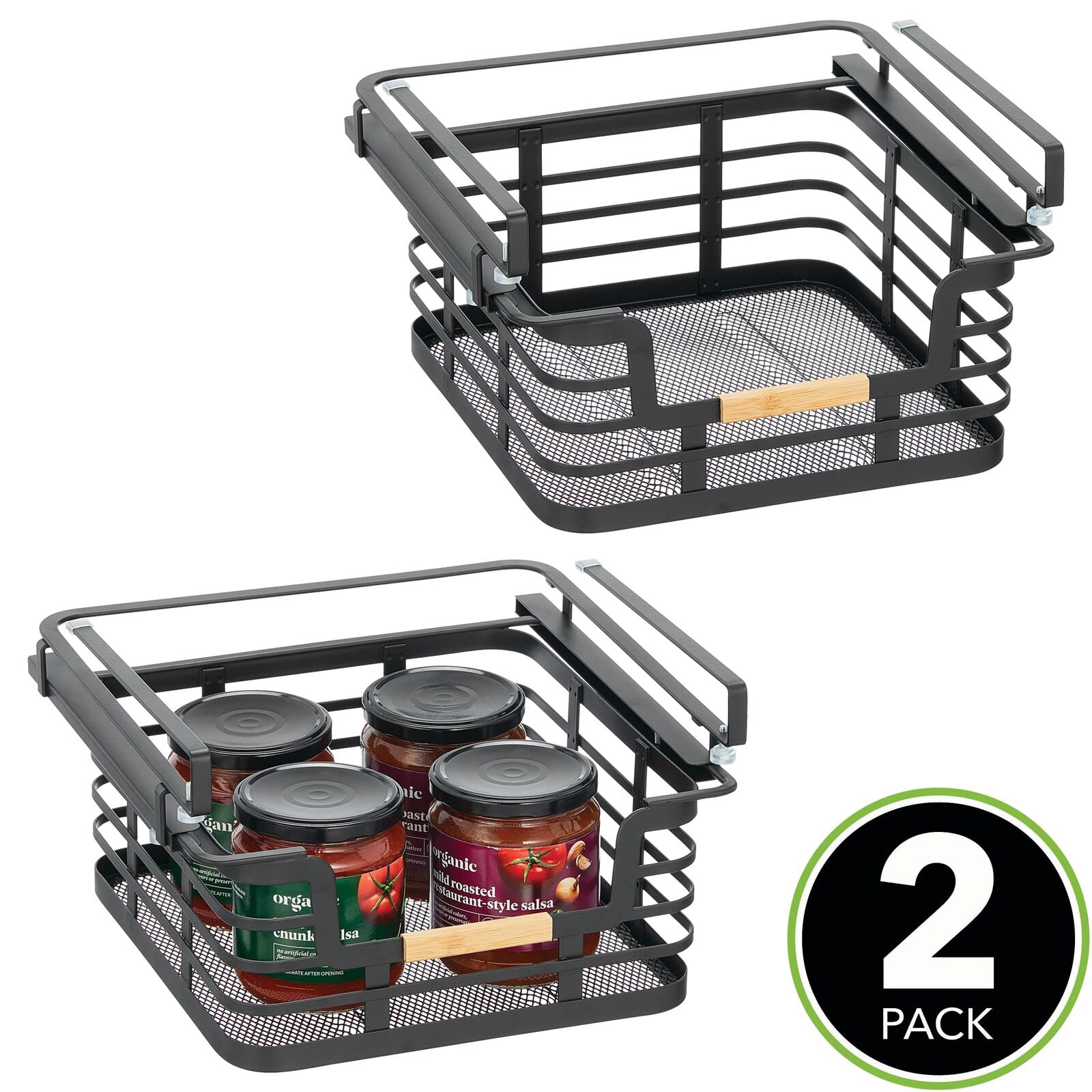 mDesign Metal Wire Under Shelf Storage Baskets for Kitchen Pantry, Closet, Hanging Pull Out Shelving Bin, Sliding Hanger Racks for Bread, Canned Goods, Condiments, Food, 2 Pack, Matte Black/Natural