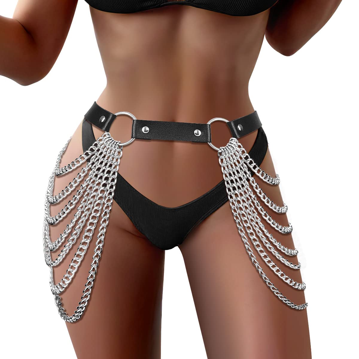 Punk Waist Chain Leather Layered Belly Body Chain Belt Halter Bra Adjustable Strap for Women Party Gift Black