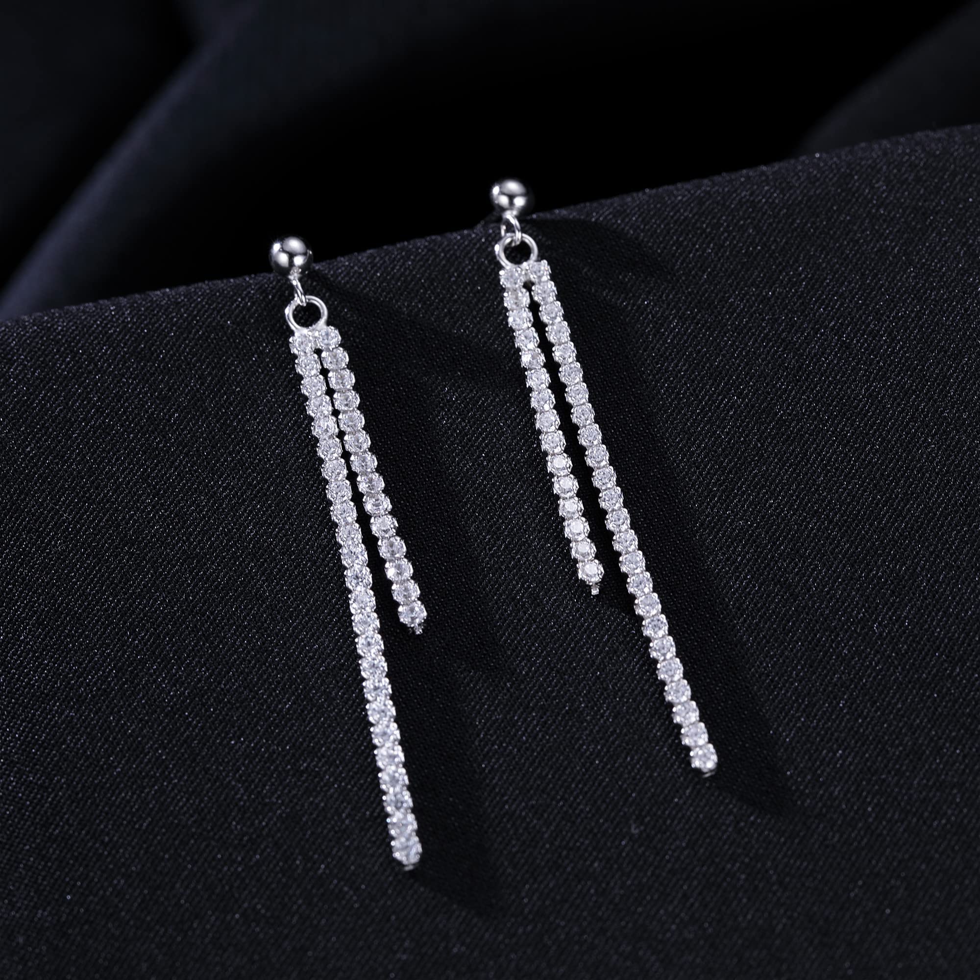 SLUYNZ Sterling Silver Crystal Rhinestone Linear Drop Earrings for Women Girls CZ Long Dangle Earrings Tassel Chain Studs (A-Silver)