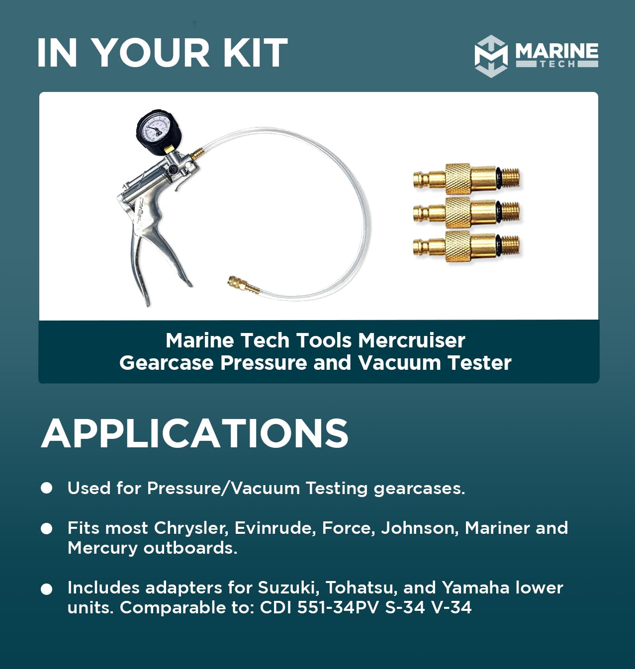 Marine Tech Tools Gearcase Pressure and Vacuum Tester, Gearcase Pressure Tester, Gearcase Vacuum Tester, Vacuum and Pressure Tester Kit, Fits Chrysler, Evinrude, Force, Johnson & Mercury Outboards