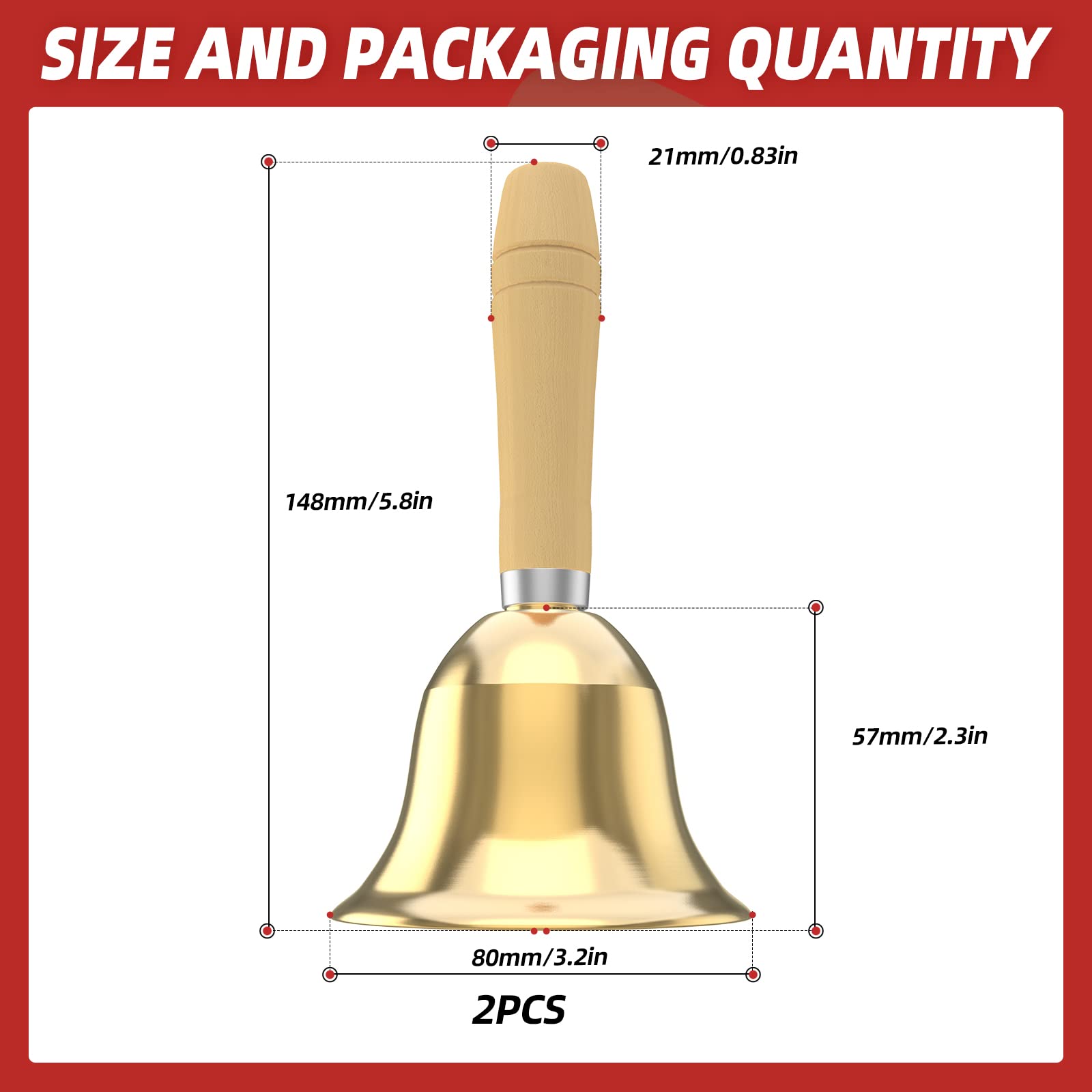 QCDENG 2PCS Solid Brass Hand Crank Call Bell with Metal Bell and Wooden Handle, Hand Crank Bell is Suitable for Party, Christmas