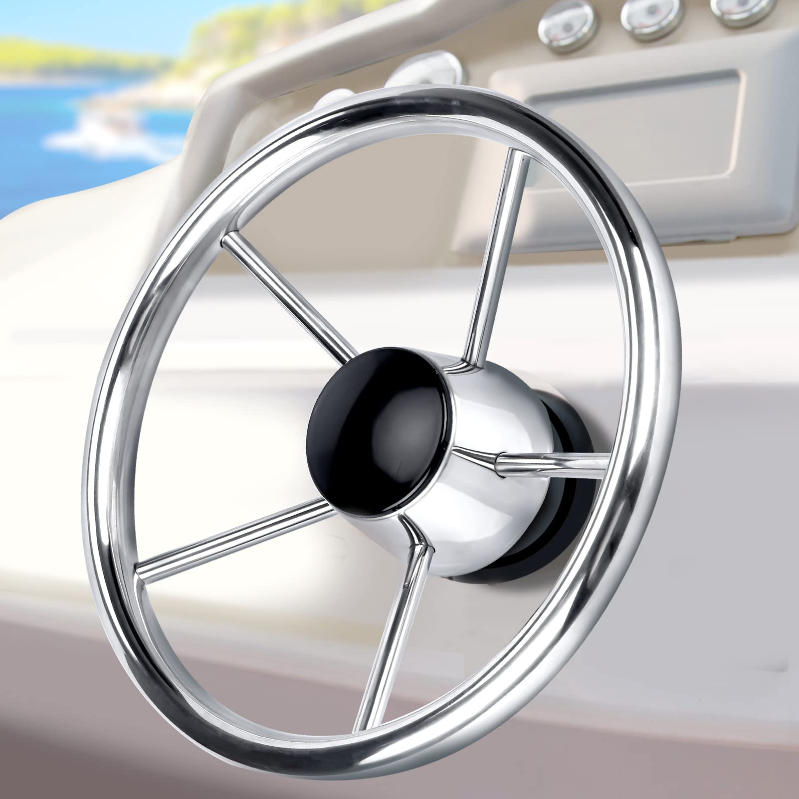 Marinebabay Stainless Boat Steering Wheel, 5-Spoke 11 Inch Destroyer Style Steering For Pontoon Boat Yacht