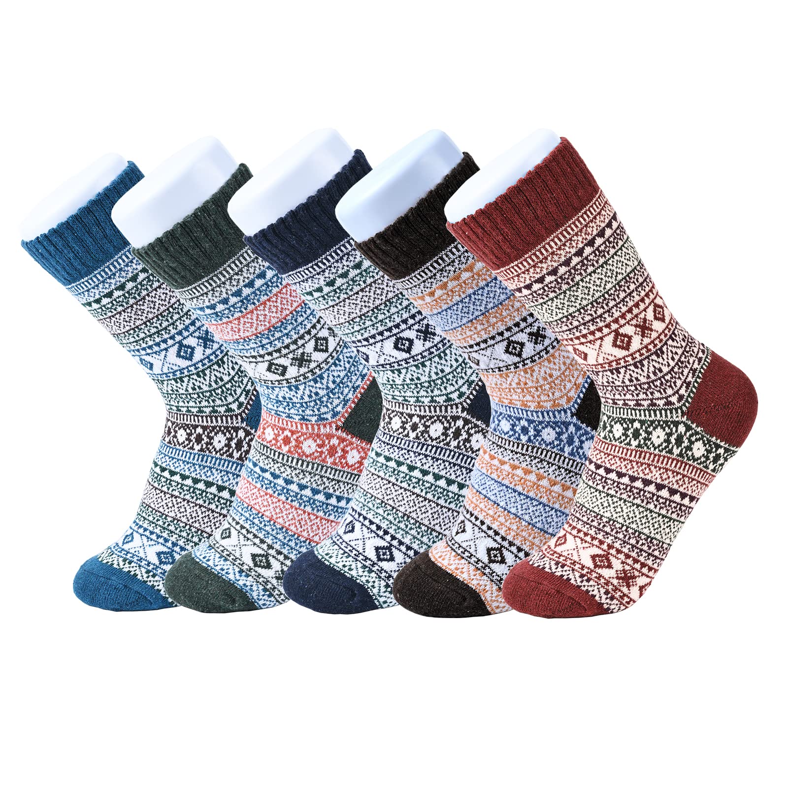 QIYISS 5 Pack Womens Wool Socks Winter - Soft Warm Cold Knit Wool Crew Socks Christmas Gift Socks for Women Vintage Casual Socks