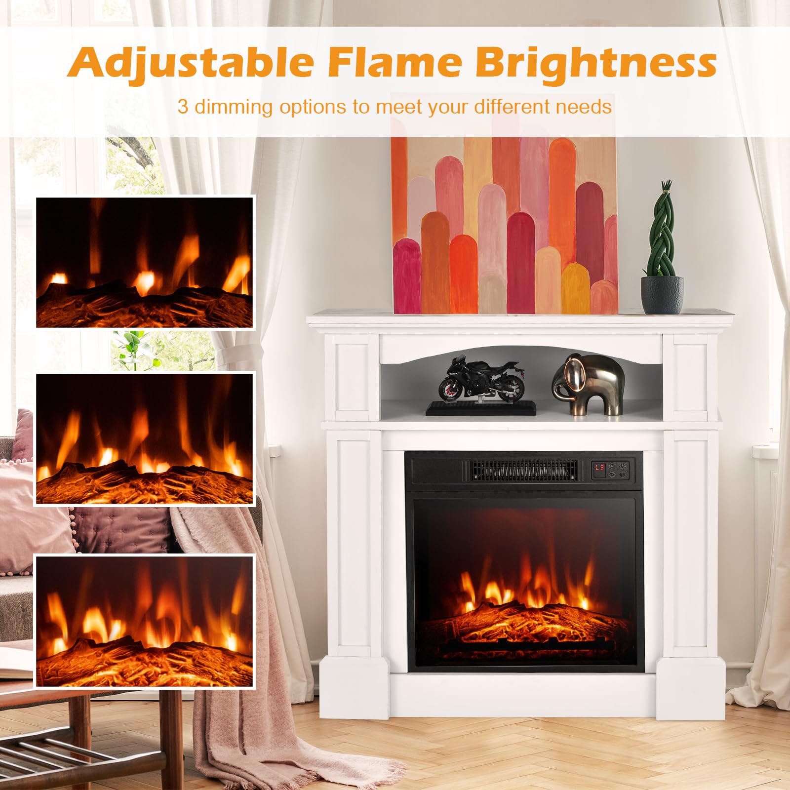 LDAILY 32" Electric Fireplace with Mantel, Freestanding Wooden Surround with 1400 W Fireplace Insert, 3D Realistic Flame, Remote Control, Overheating Safety System, Fireplace for Home RV, White
