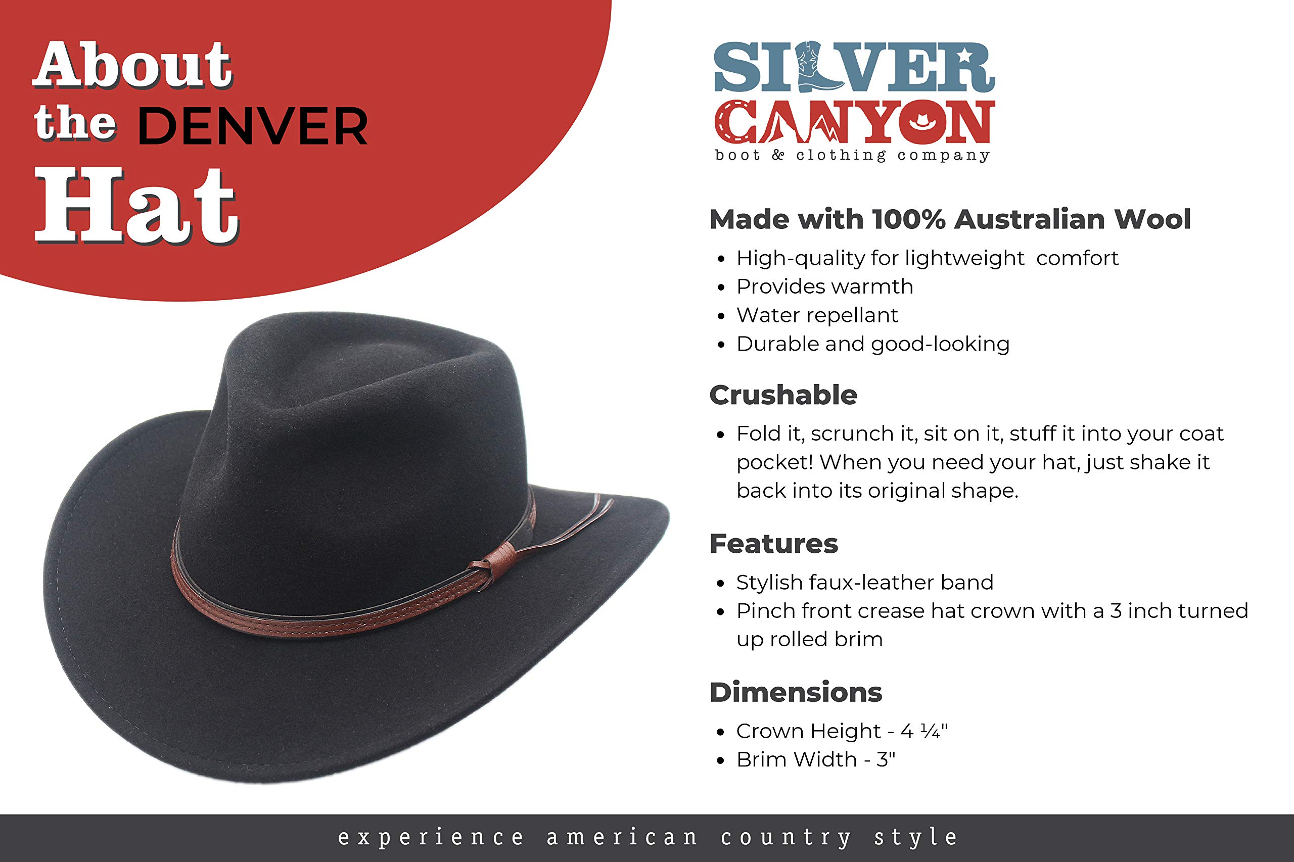 Mens+Outback+Wool+Cowboy+Hat+Bozeman+Black+Crushable+Western+by+Silver+Canyon