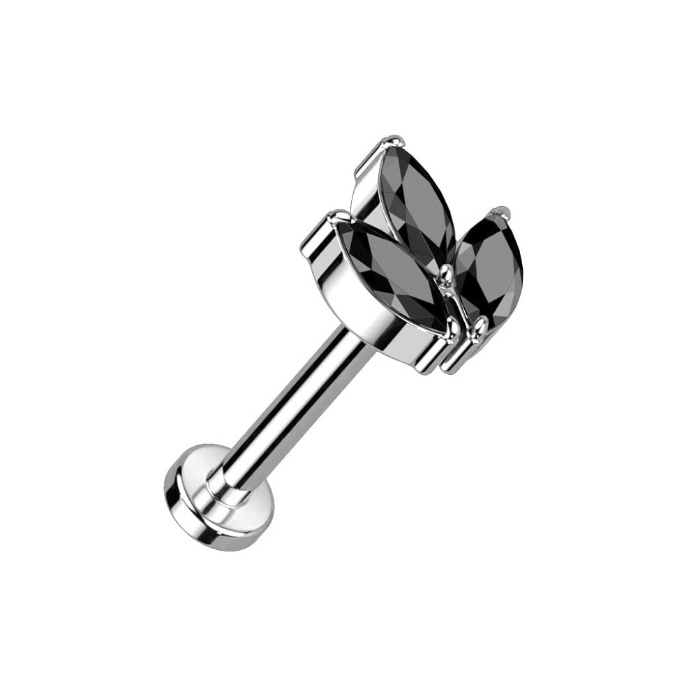 Pierced Owl 18GA G23 Implant Grade Titanium Triple CZ Crystal Marquise Threadless Push-in Stud (Black)