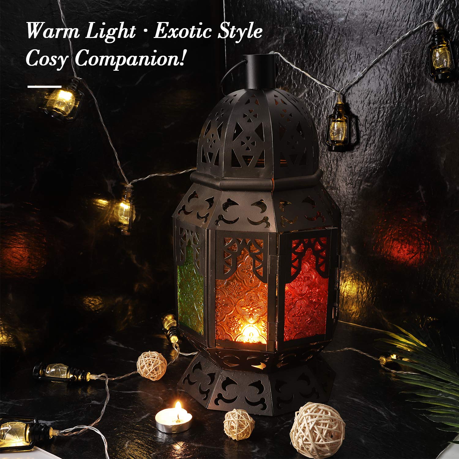 Lewondr Retro Iron Ramadan Candle Lantern, 13.8 Inch Portable Moroccan Wrought Iron Stained Glass Decorative Lantern Candle Holder Hanging Lamp Wind Lantern for Home Decor, Large – Black + Colorful