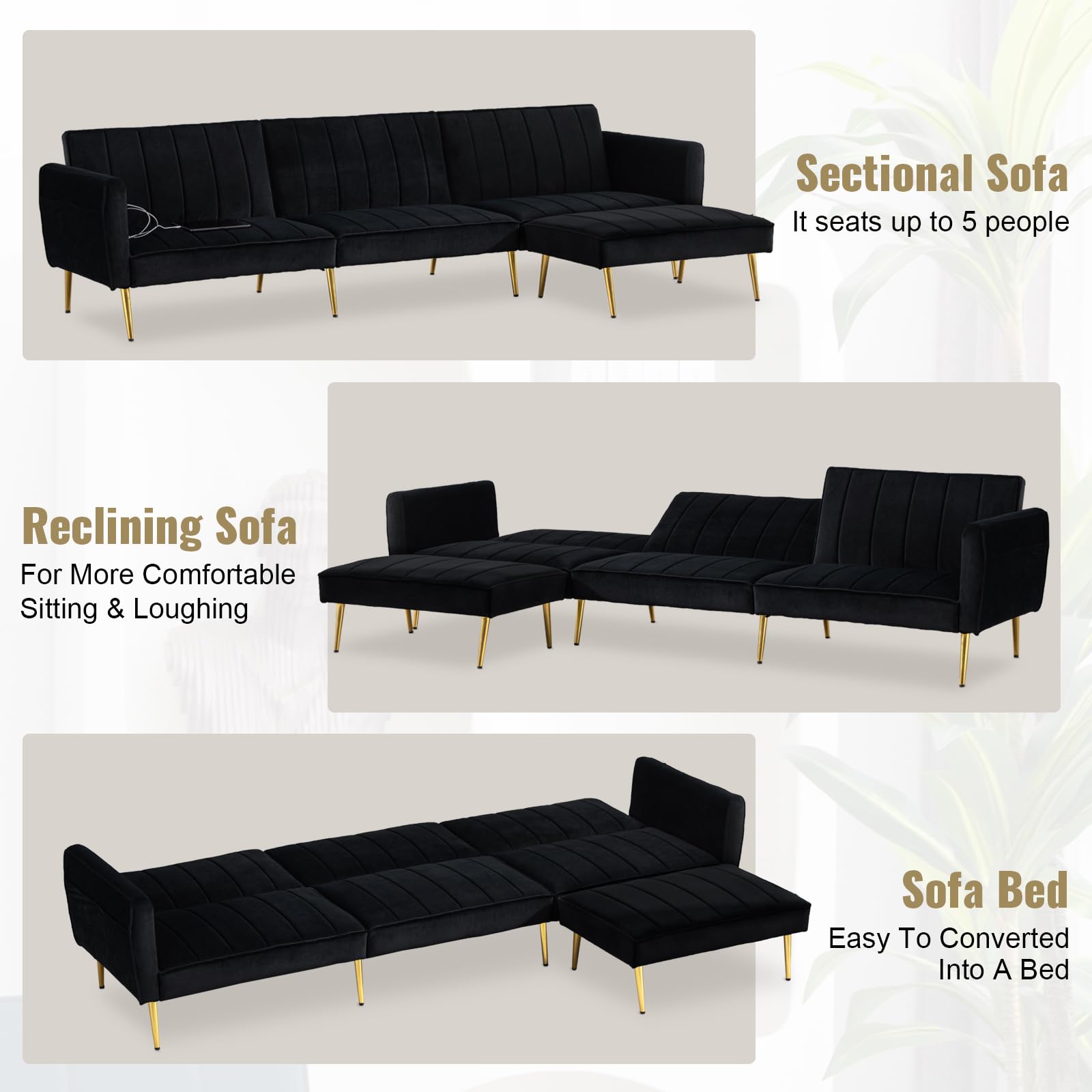 TTGIEET 105" Velvet Sofa Couch with Chaise, L Shape Futon Sofa Couch with USB, 4-Seat Sleeper Sofa Bed for Living Room (Black)