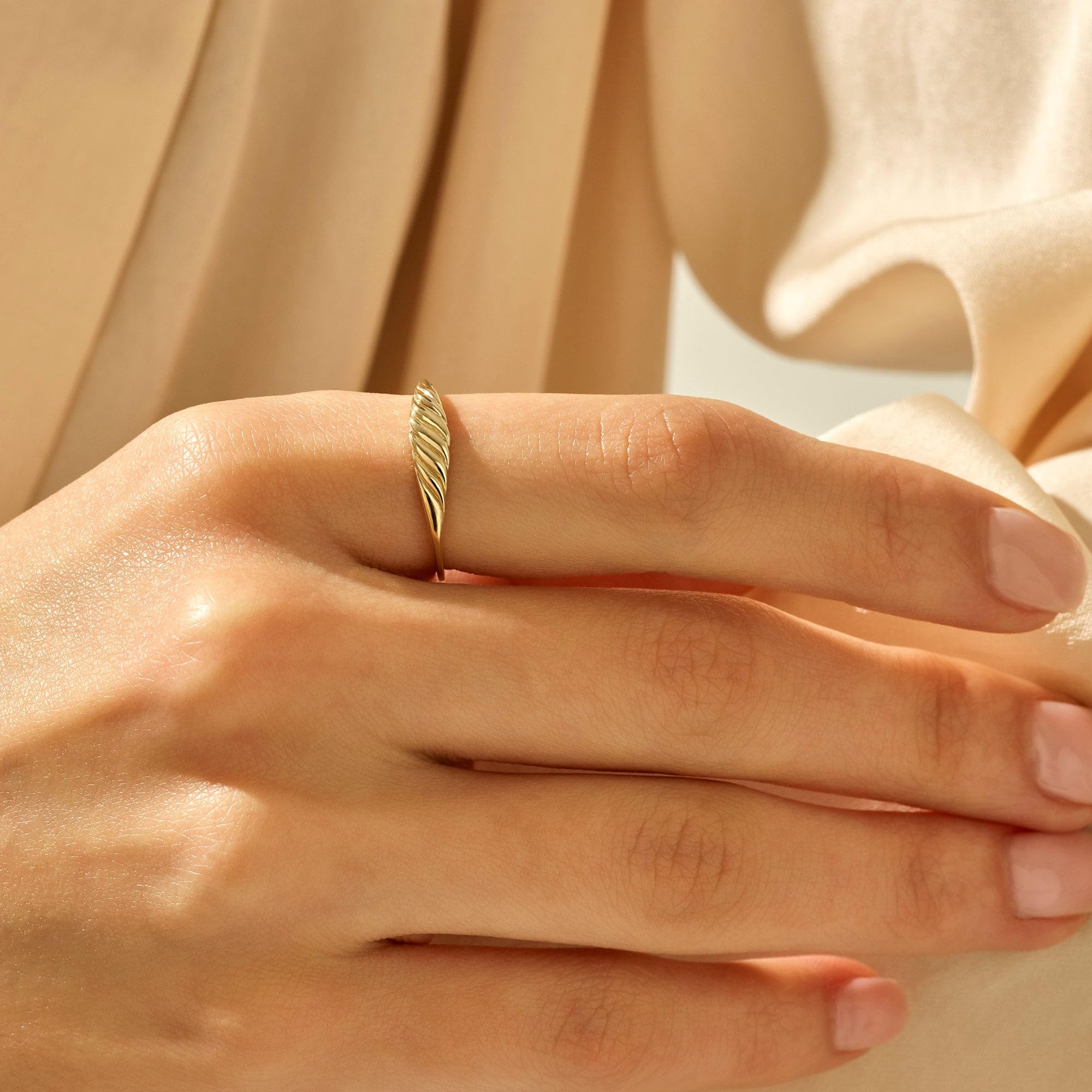 Norm Jewels 14k Gold Pinky Ring Twisted Stackable Rings for Women Tiny Croissant Ring Yellow Gold Ring (Yellow Gold, 8)
