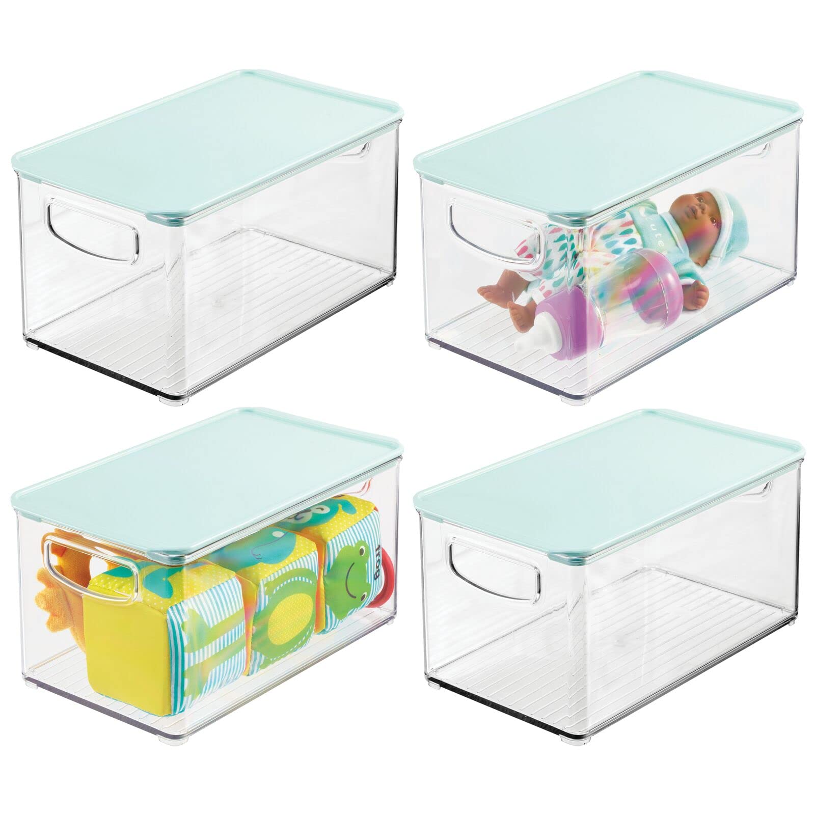 mDesign Plastic Storage Bin Box Container, Lid - Built-In Handles - Organization for Toys, Games, Accessories in Play or Game Room, Cabinet, Shelves, Cubby, Ligne Collection, 4 Pack, Clear/Mint Green