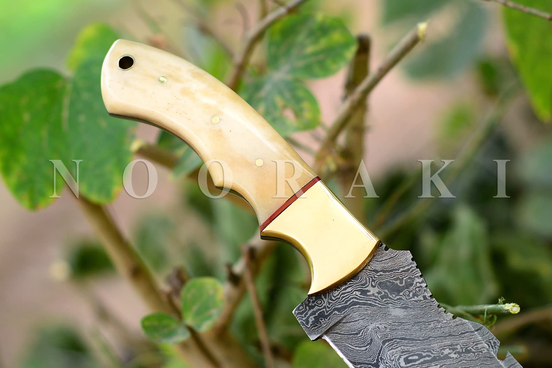 Nooraki - 11-inch | Fire Pattern Custom Handmade Damascus Tracker Knife with Camel Bone Handle Hunting knife, Camping knife, Bushcraft Knife, Survival Knife, Full Tang With Sheath #333