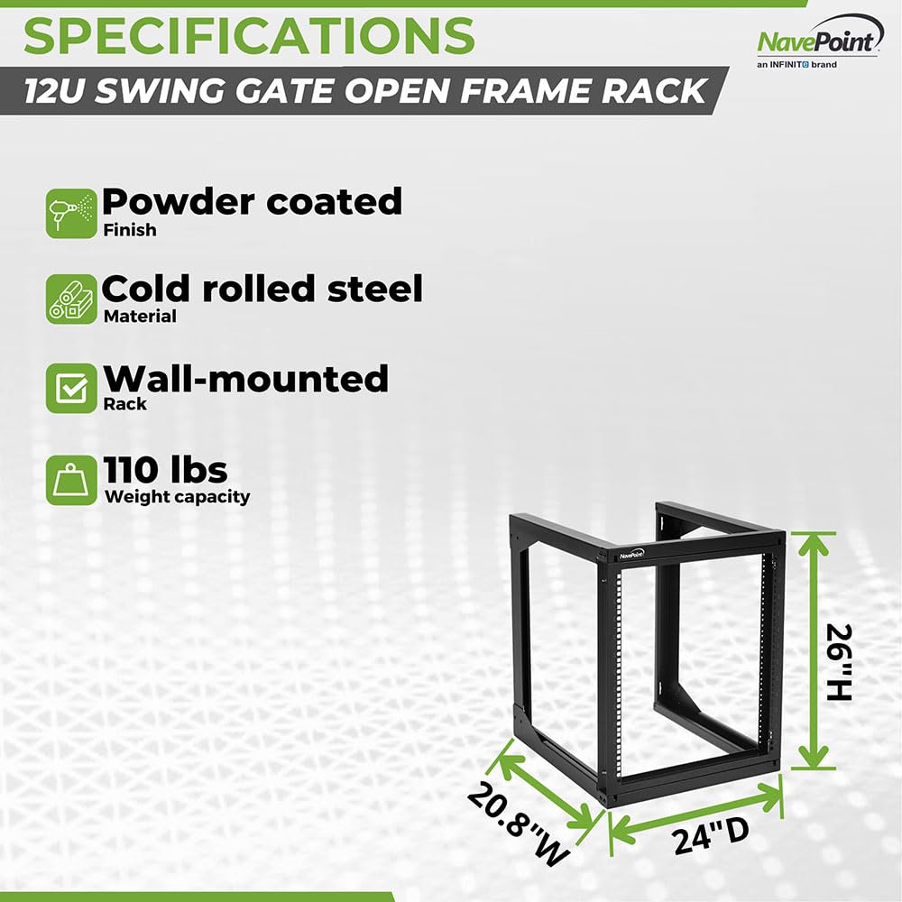 NavePoint 12U Server Rack with Swing Gate - 12U Wall Mount Rack for 19 Inch IT Equipment Open Frame Rack – Network Rack Wall Mount for AV & Server Equipment 24” Deep 12U Rack, Black