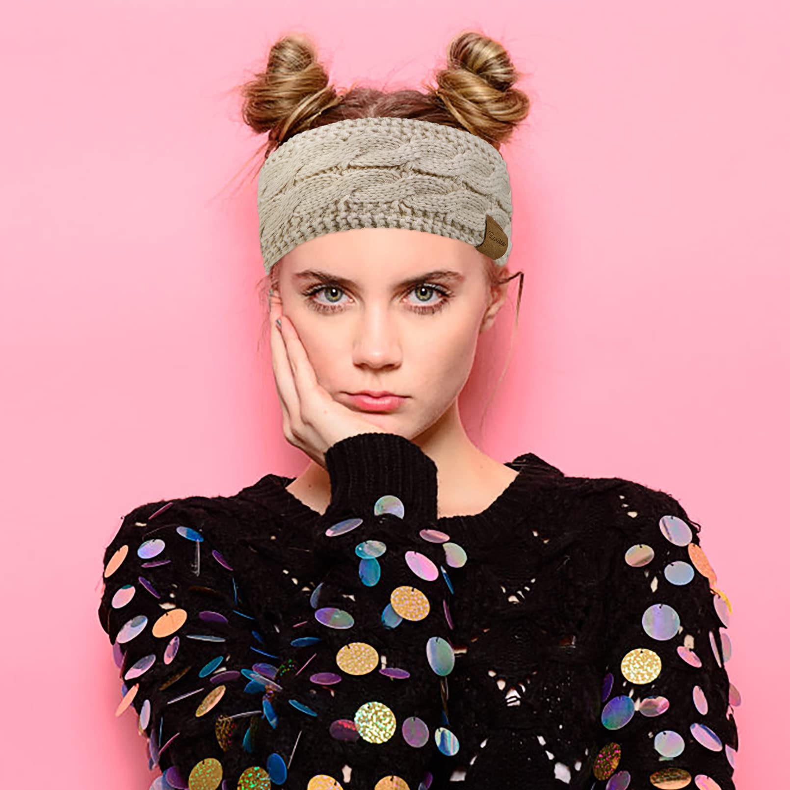 Loritta 2 Pack Headbands for Women Winter Warm Cable Knit Ear Warmer Thick Head Wrap Fuzzy Fleece Lined Gifts, F Beige+Black