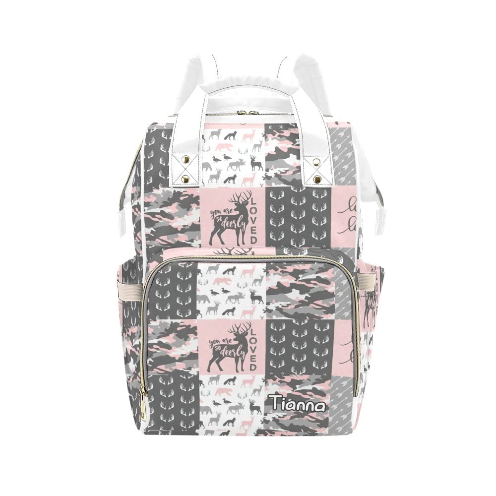 XOZOTY Little Antler Man Woodland Pink Diaper Bags with Name Waterproof Mummy Backpack Nappy Nursing Baby Bags Gifts Tote Bag for Women