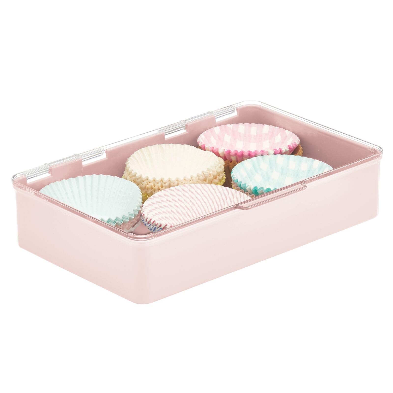 mDesign Plastic Household Storage Bin Box Organizer Container with Hinge Lid for Kitchen, Office, Bathroom, Bedroom, Hold Food, Snacks, Makeup, Toys, Work Supplies, Accessories, Light Pink/Clear
