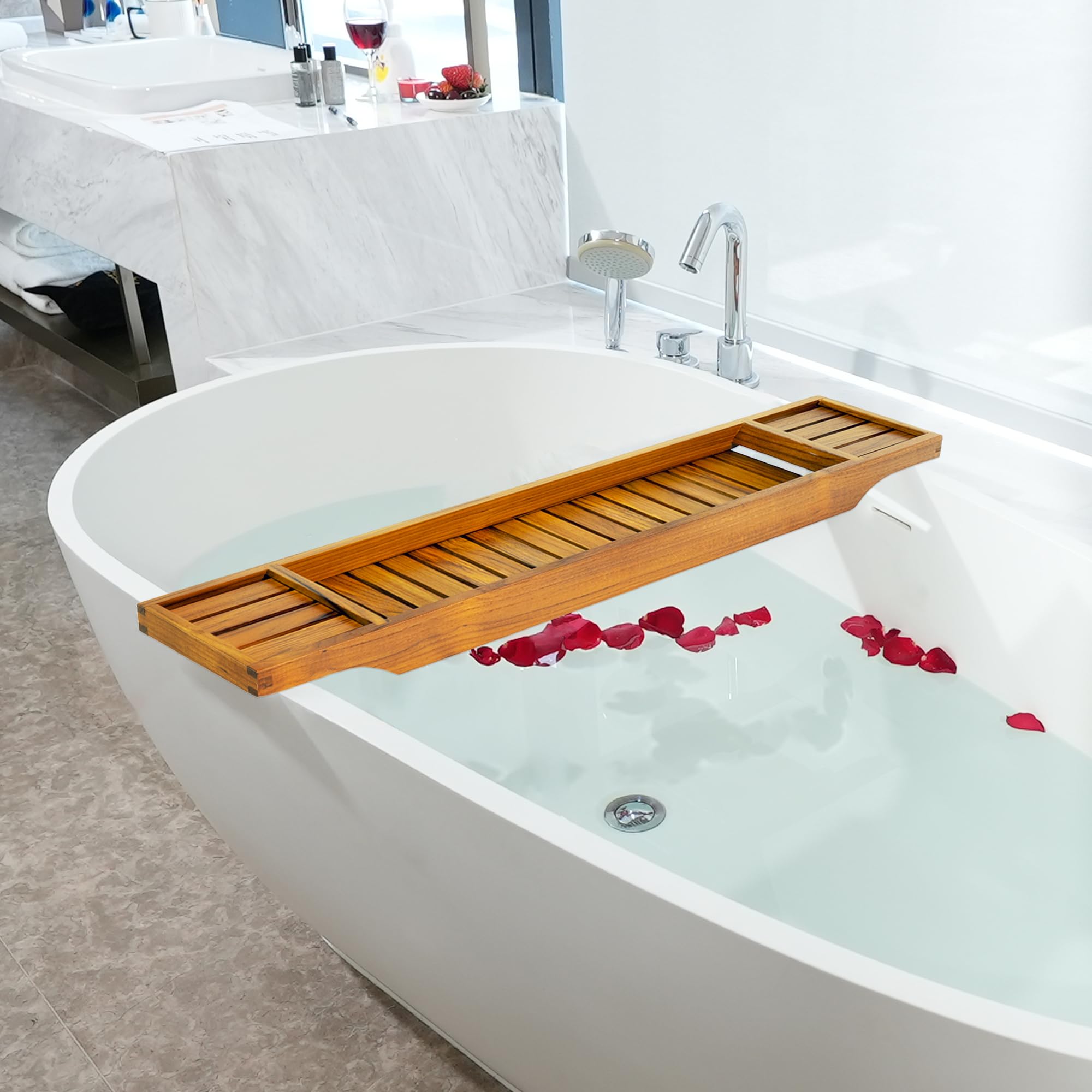 VaeFae Teak Bathtub Tray, Wooden Bath Caddy Tray for Bathtub, Bath Tub Wood Tray Table for Tub