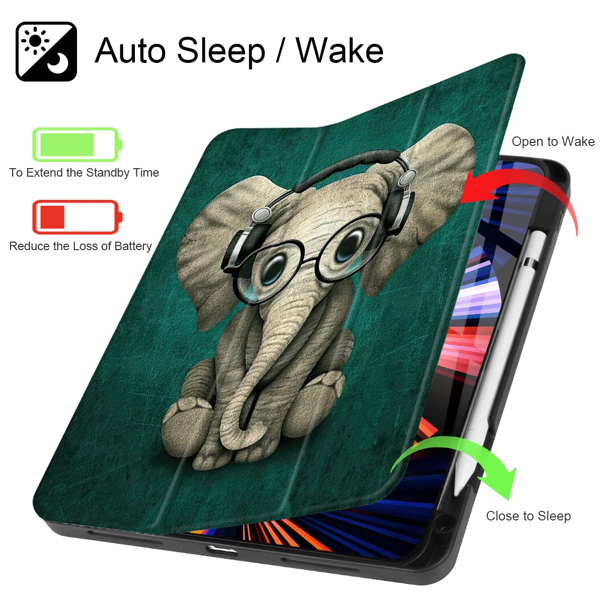 Tuiklol for iPad Pro 12.9 Case 2022 2021 6th 5th Gen - Built in Pencil Holder - Trifold Stand - Auto Wake/Sleep, TPU Protective Stand Back Case for 2020 2018 4th 3rd Gen iPad Pro 12.9 inch, Elephant