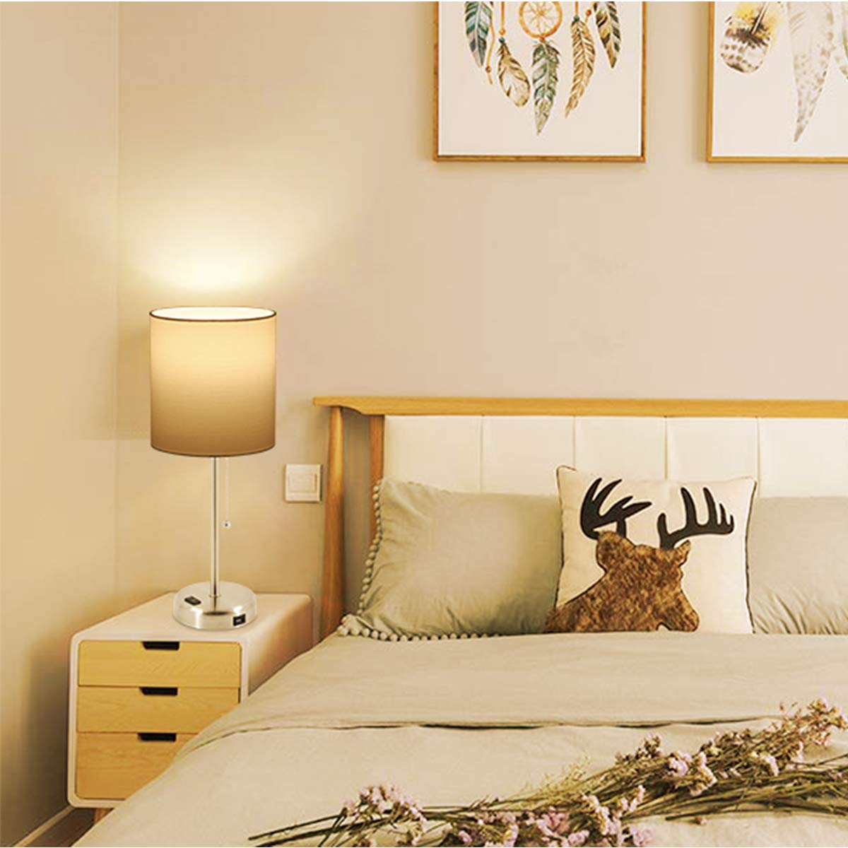 Kukobo Bedside Table Lamps for Bedroom Set of 2, 3 Color Temperature Nightstand Lamp for Living Room with USB Charging Port & AC Outlet, Pull Chain White Shade, 2 Blubs Included.