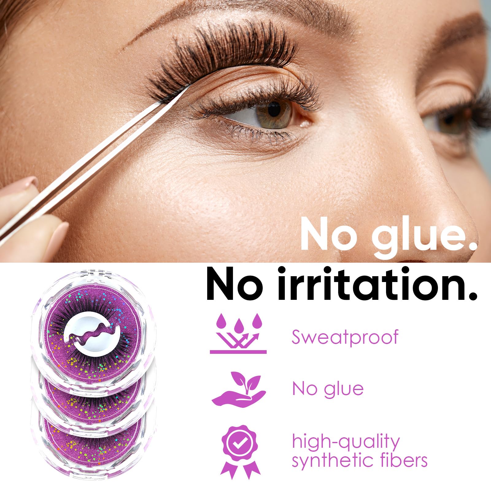 Parrots Treasure Self Adhesive Eyelashes, Reusable False Eyelashes without Eyeliner or Glue, Non-Slip Waterproof Fake Eyelashes Natural Look (Purple)