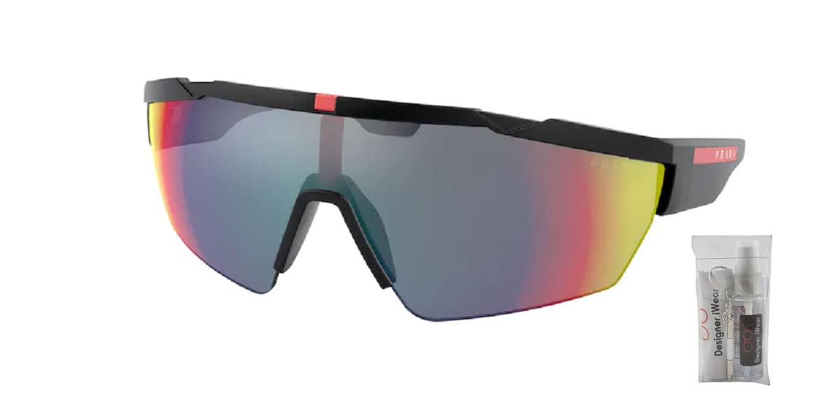 Prada PS03XS DG008F 44MM Black Rubber/Dark Grey Mirror Blue/Red Shield Sunglasses for Men + BUNDLE With Designer iWear Eyewear Kit