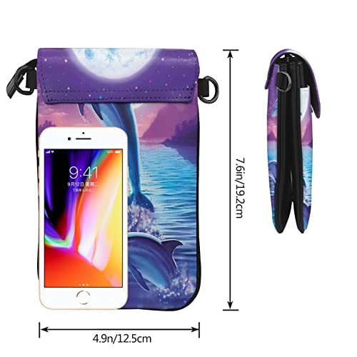 Small Crossbody Cell Phone Purse Wallet For Women Purple Sky Jumping Dolphin Shoulder Pouch