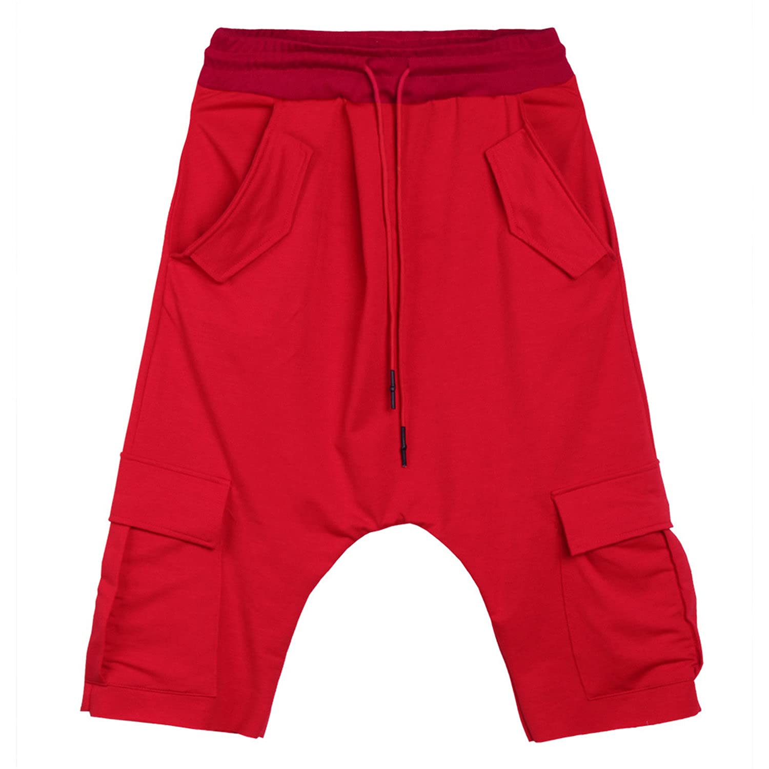 Men's Drop Crotch Hippie Shorts Casual Elastic Drawstring Harem Pants Multi Pocket Baggy Yoga Genie Boho Trousers (Red,X-Large)