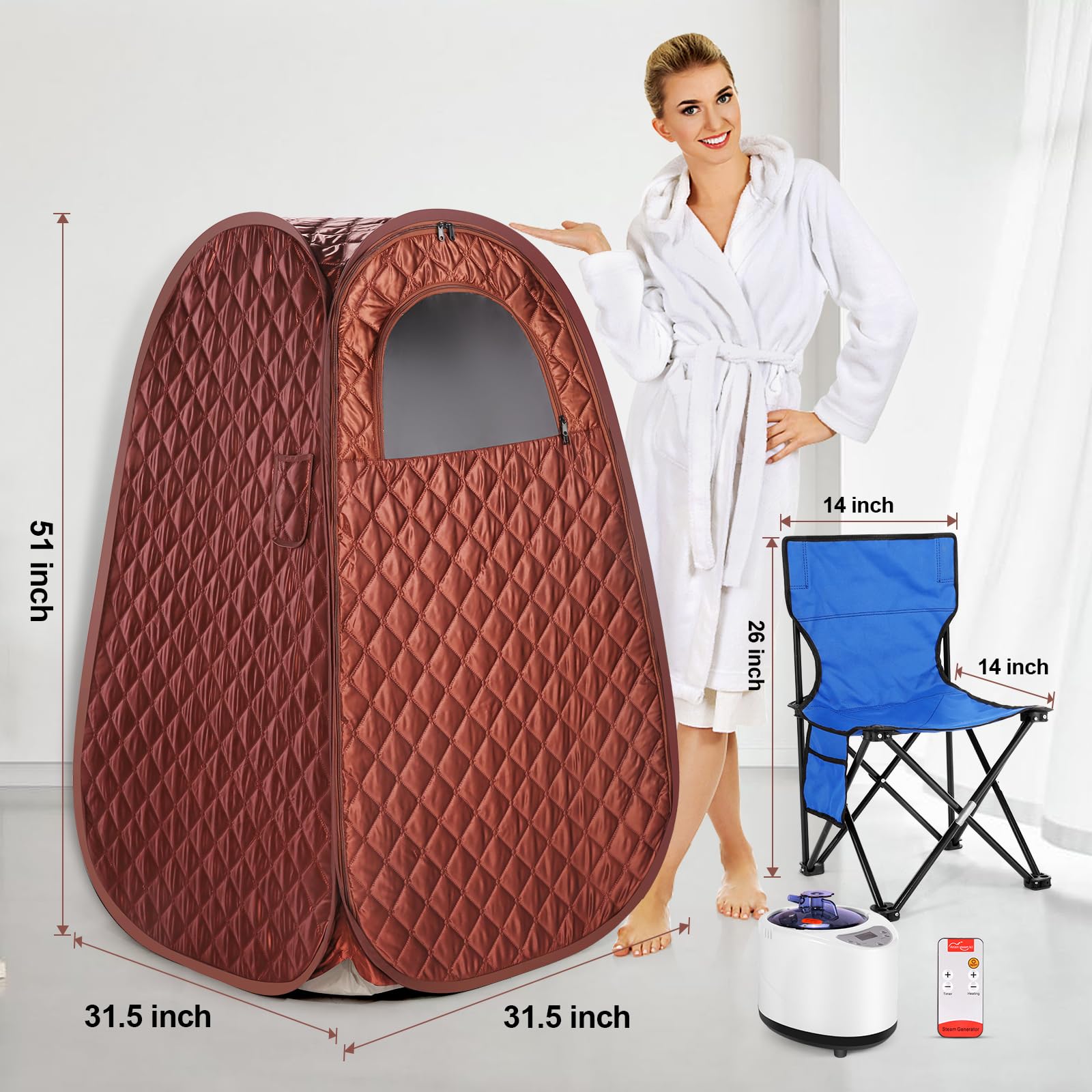 Single Person Sauna, Portable Steam Sauna Full Body for Home Spa, Sauna Tent with Steamer 2.6L 1000W Steam Generator, 90 Minute Timer, Chair, Remote Control Included(Brown)