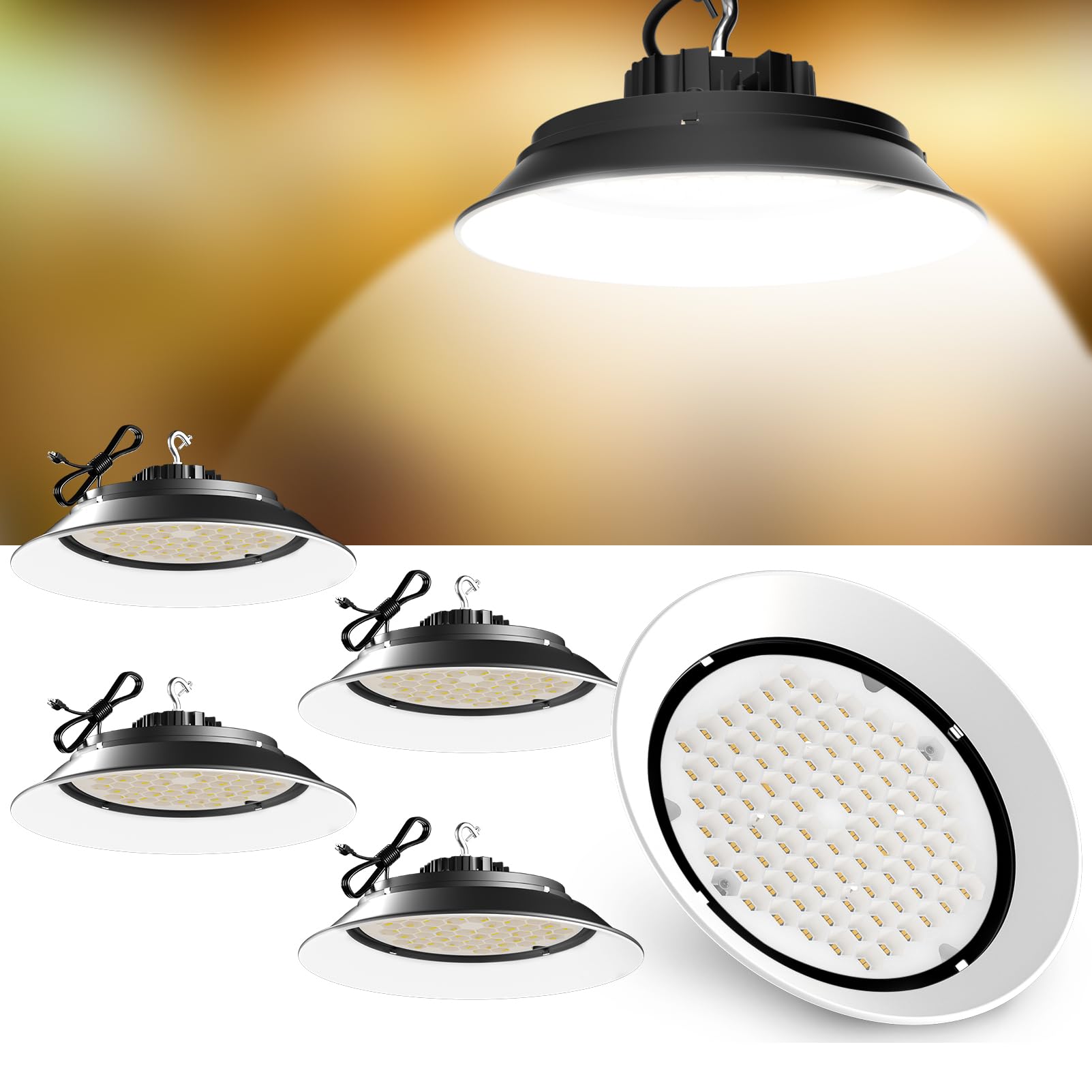 Upgrade 150W UFO LED High Bay Lights 5000K High Bay LED Lights 22500LM Super Bright High Bay Lighting AC100-277V UFO Lights with Plug for 20-40Ft-8Pack