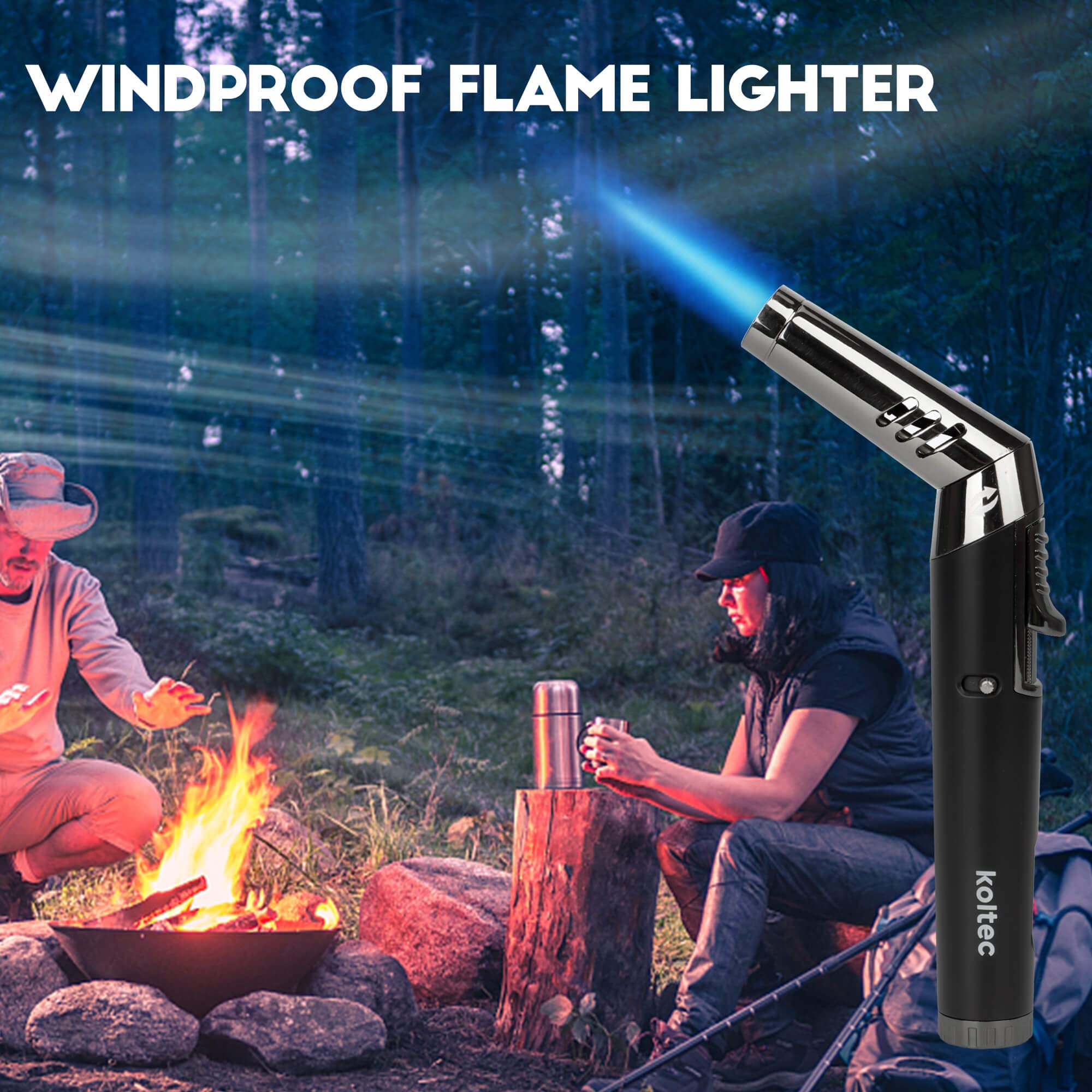 KOLTEC Torch Lighter, Rotatable Butane Lighter Adjustable Refillable Jet Flame with Fire Lock Visible Gas Window Windproof Portable for Grill BBQ Candle Camping (Butane Not Included) (Black)