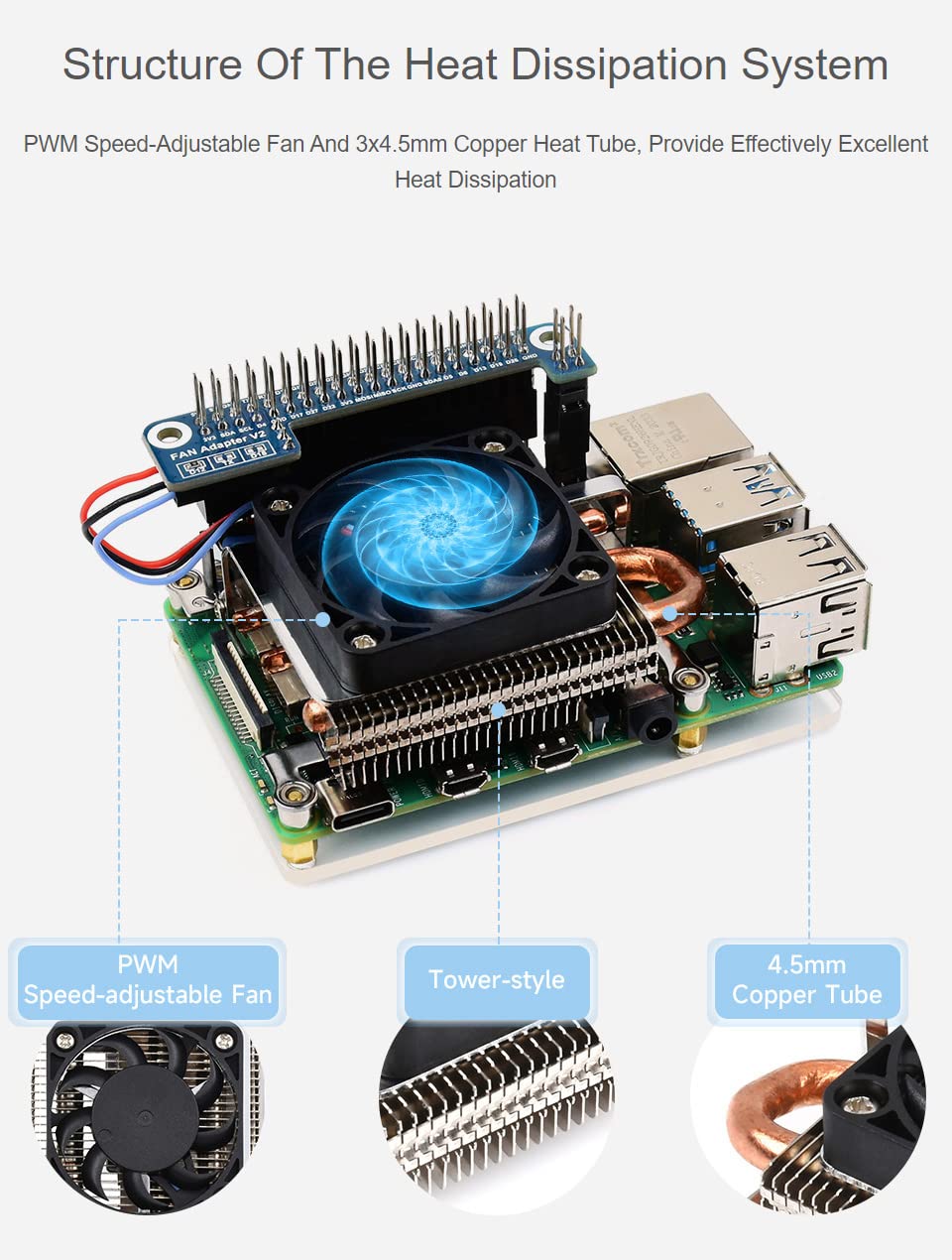 Waveshare Ultra Thin ICE Tower Cooling Fan Compatible with Raspberry Pi 4B 4.5mm Copper Tube Adjustable Speed Strong Heat Dissipation Comes with Fan Adapter and Pinheader