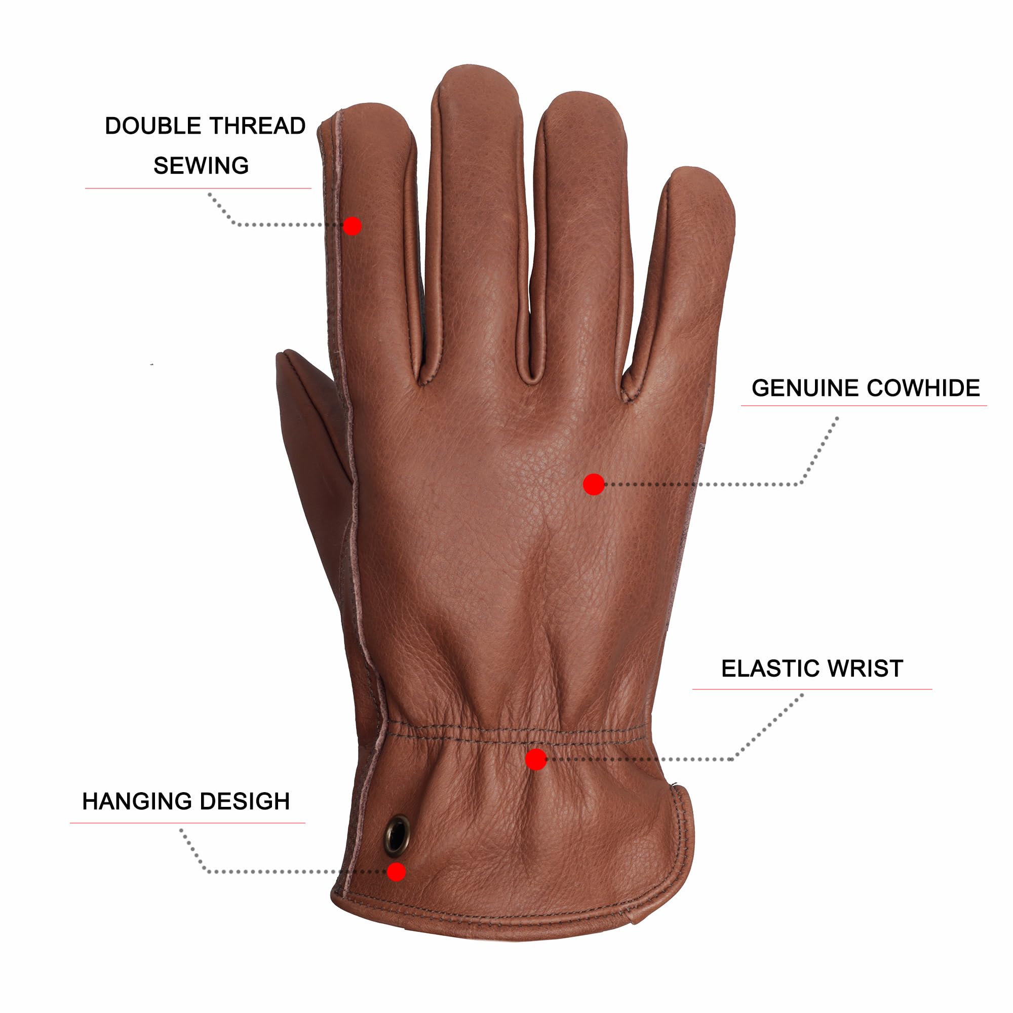 NBLEAGLO Retro Brown Cowhide Leather Work Gloves for Construction, Yardwork, Gardening with Reinforced Palm for Men & Women (Brown, Large)