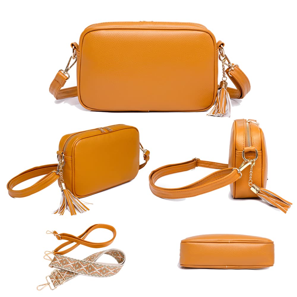Small Crossbody Bag with Wide Guitar Strap, Thick Strap Camera Cross Body Bag Leather Shoulder Purse for Women with 2 Strap Light Brown